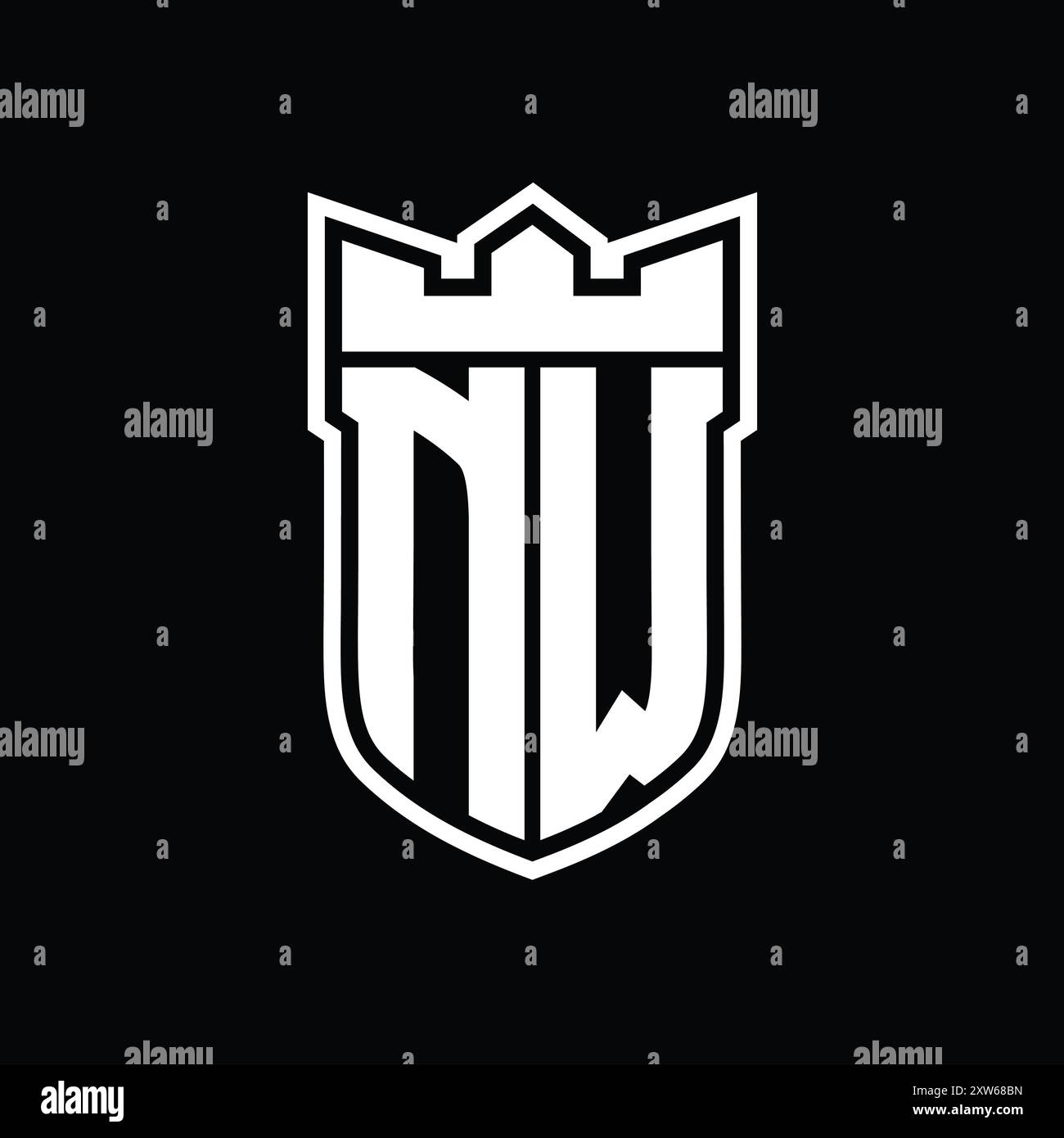 NW Letter logo with shield shape with geometric crown inside white ...