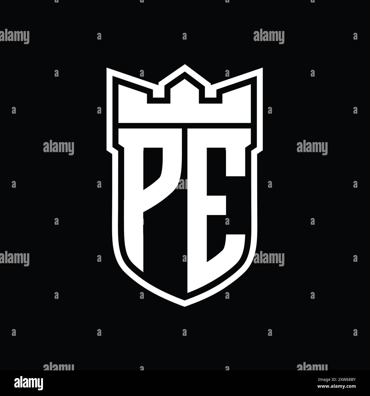 PE Letter logo with shield shape with geometric crown inside white ...