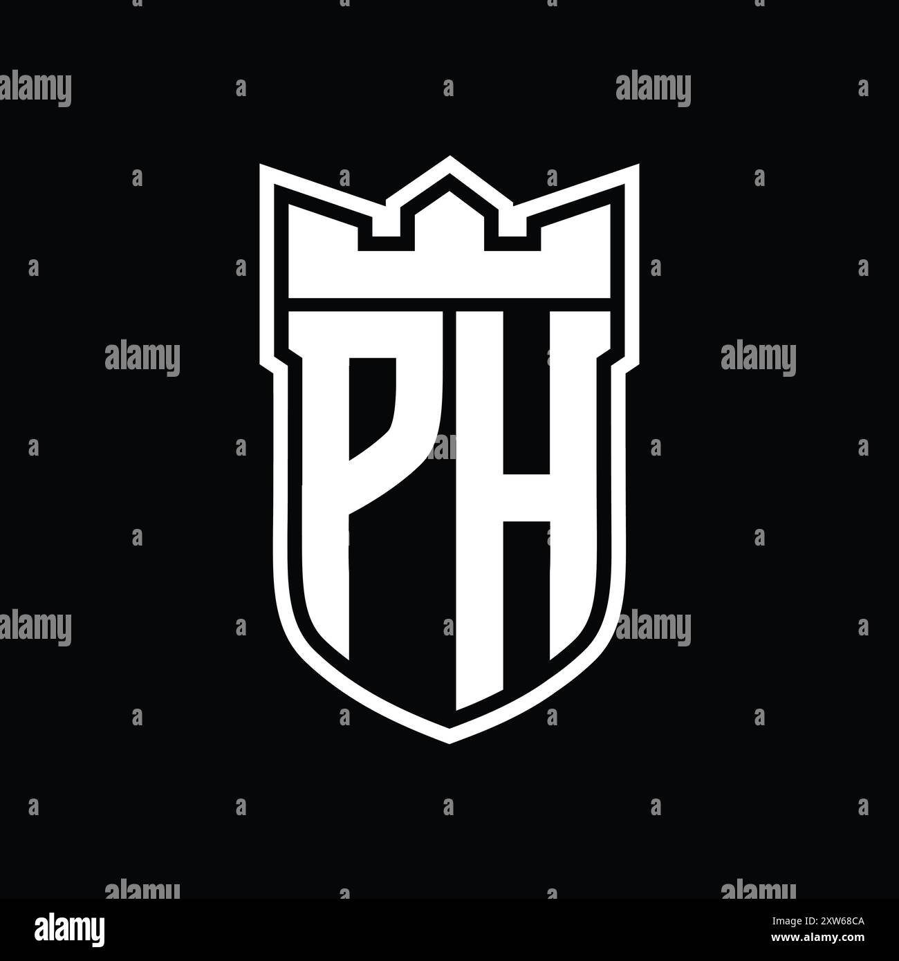 PH Letter logo with shield shape with geometric crown inside white ...