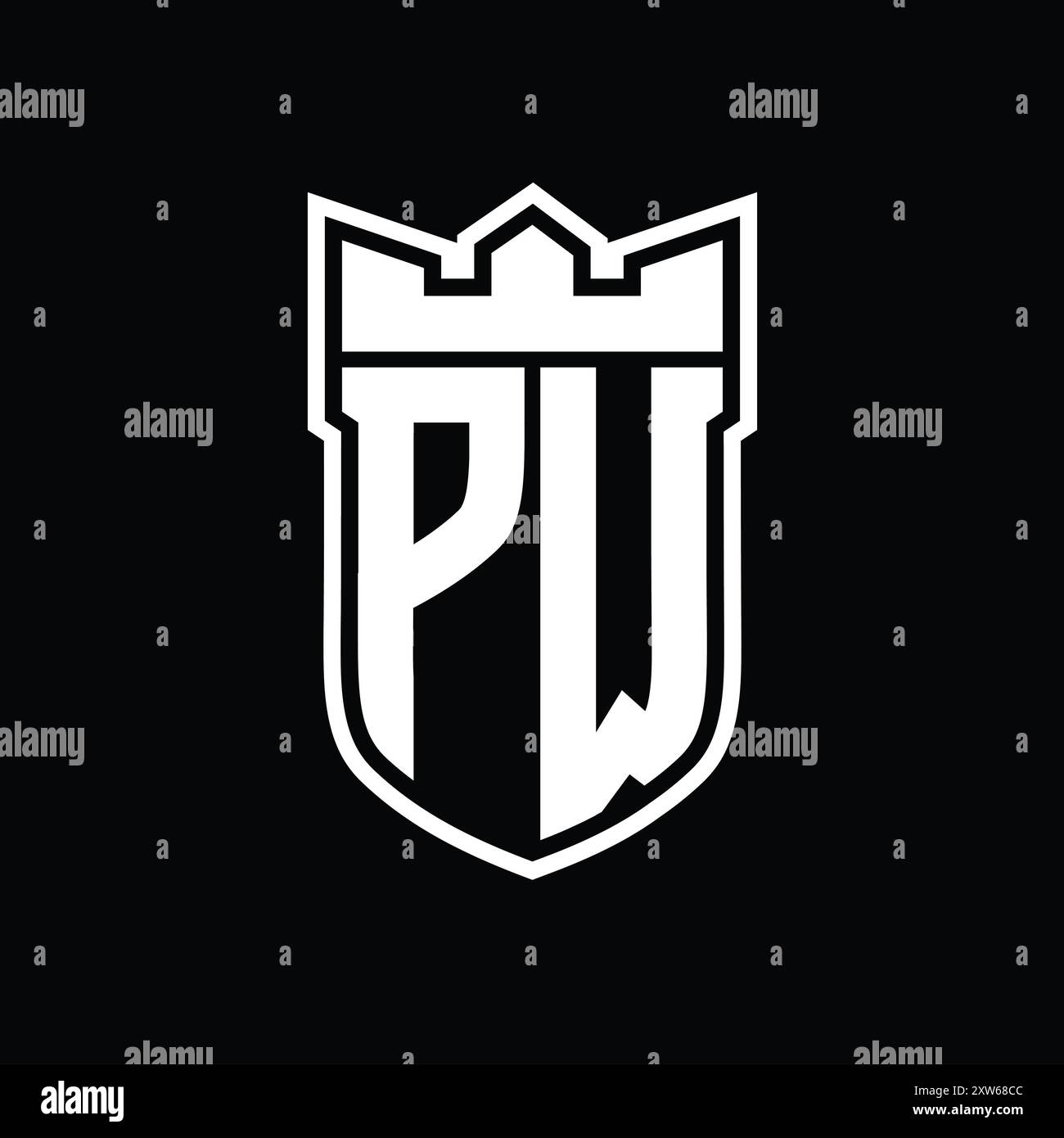PW Letter logo with shield shape with geometric crown inside white ...