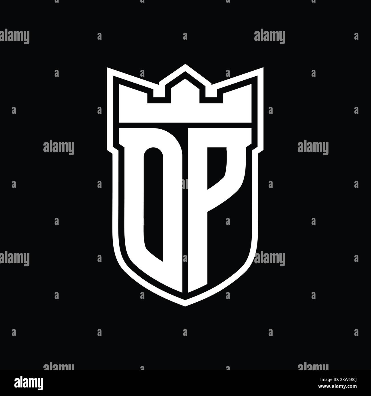 OP Letter logo with shield shape with geometric crown inside white ...