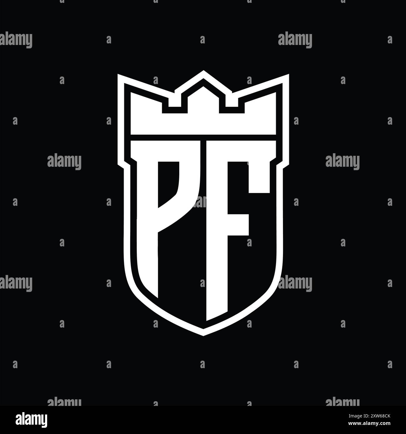 PF Letter logo with shield shape with geometric crown inside white ...