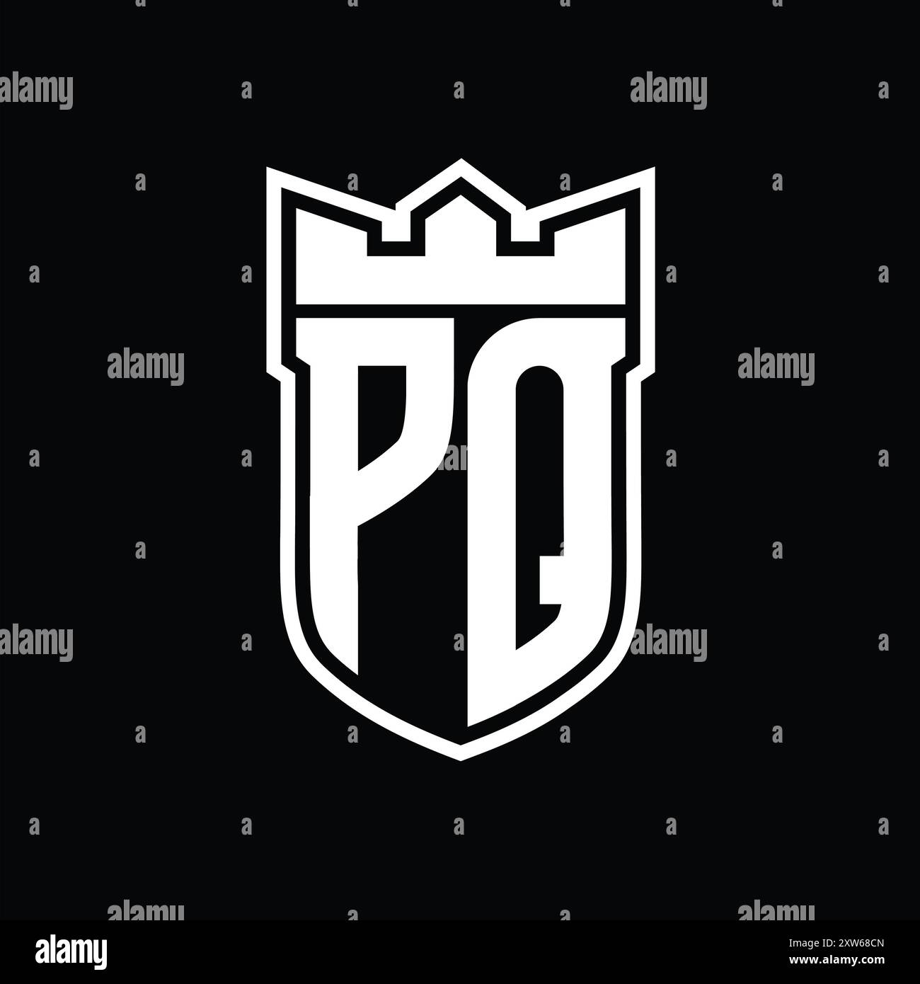 PQ Letter logo with shield shape with geometric crown inside white ...