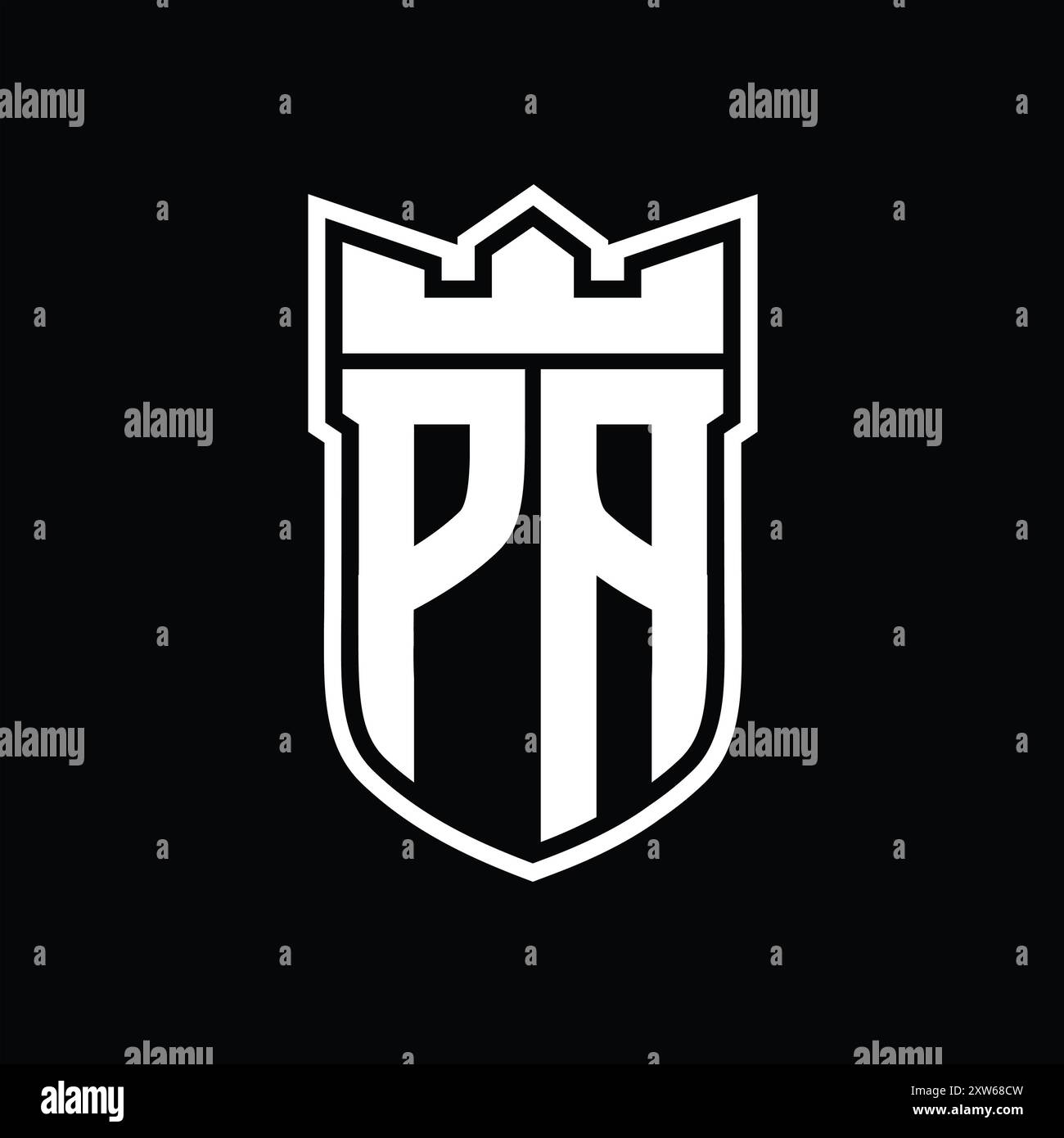 PA Letter logo with shield shape with geometric crown inside white outline on black background ...
