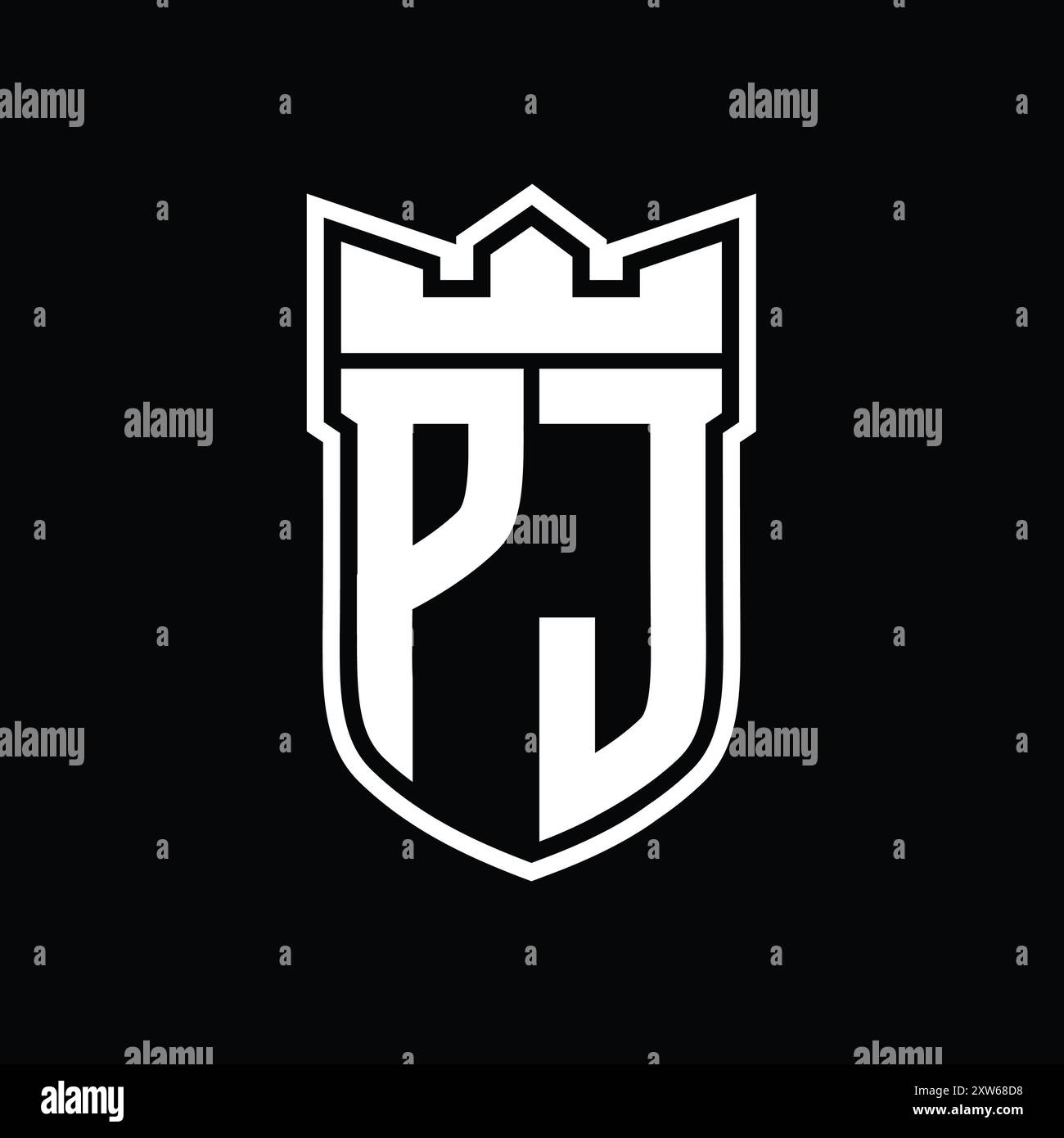 PJ Letter logo with shield shape with geometric crown inside white ...