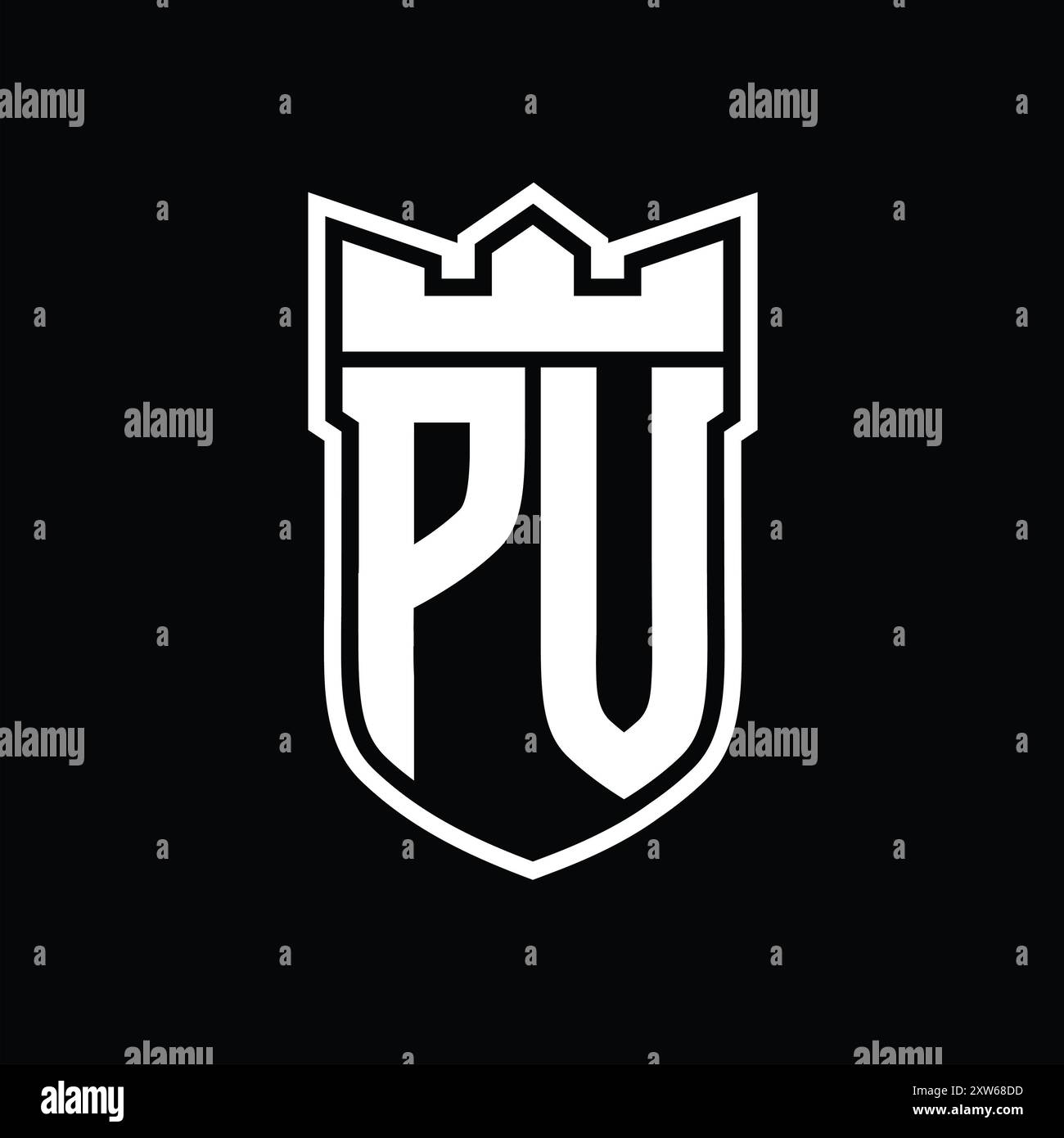 PV Letter logo with shield shape with geometric crown inside white ...
