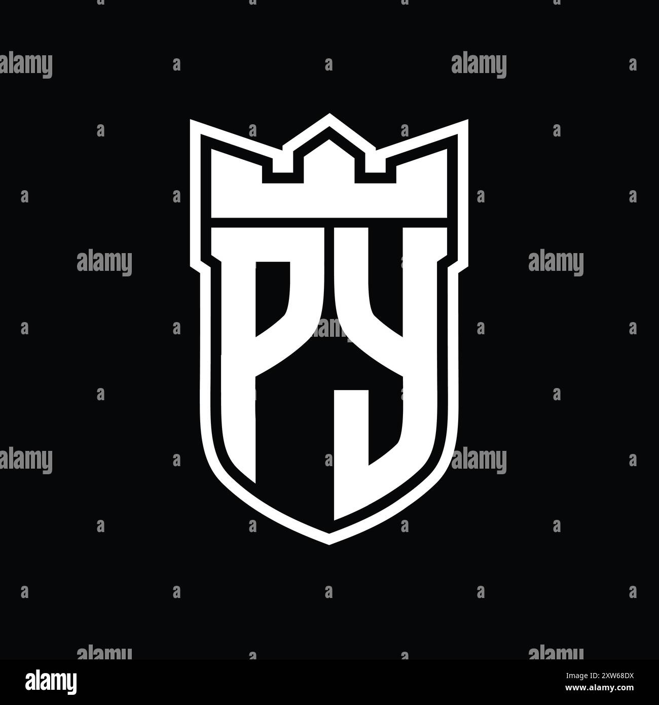 PY Letter logo with shield shape with geometric crown inside white ...