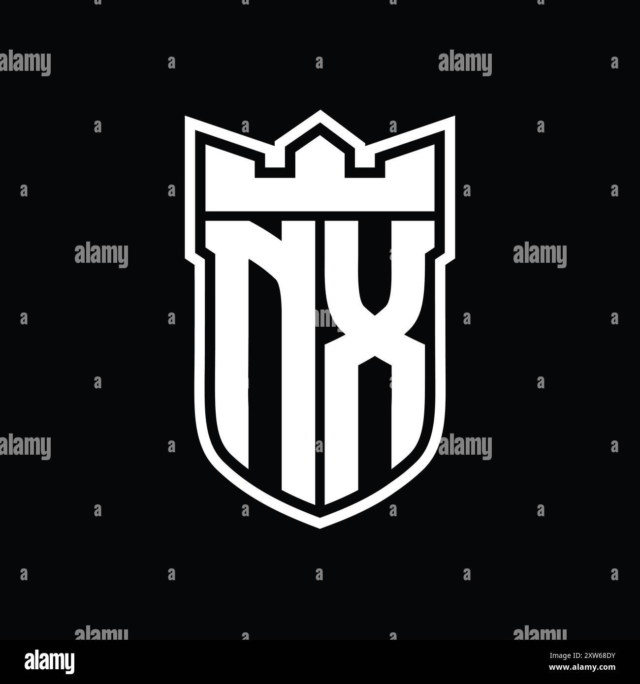 NX Letter logo with shield shape with geometric crown inside white ...