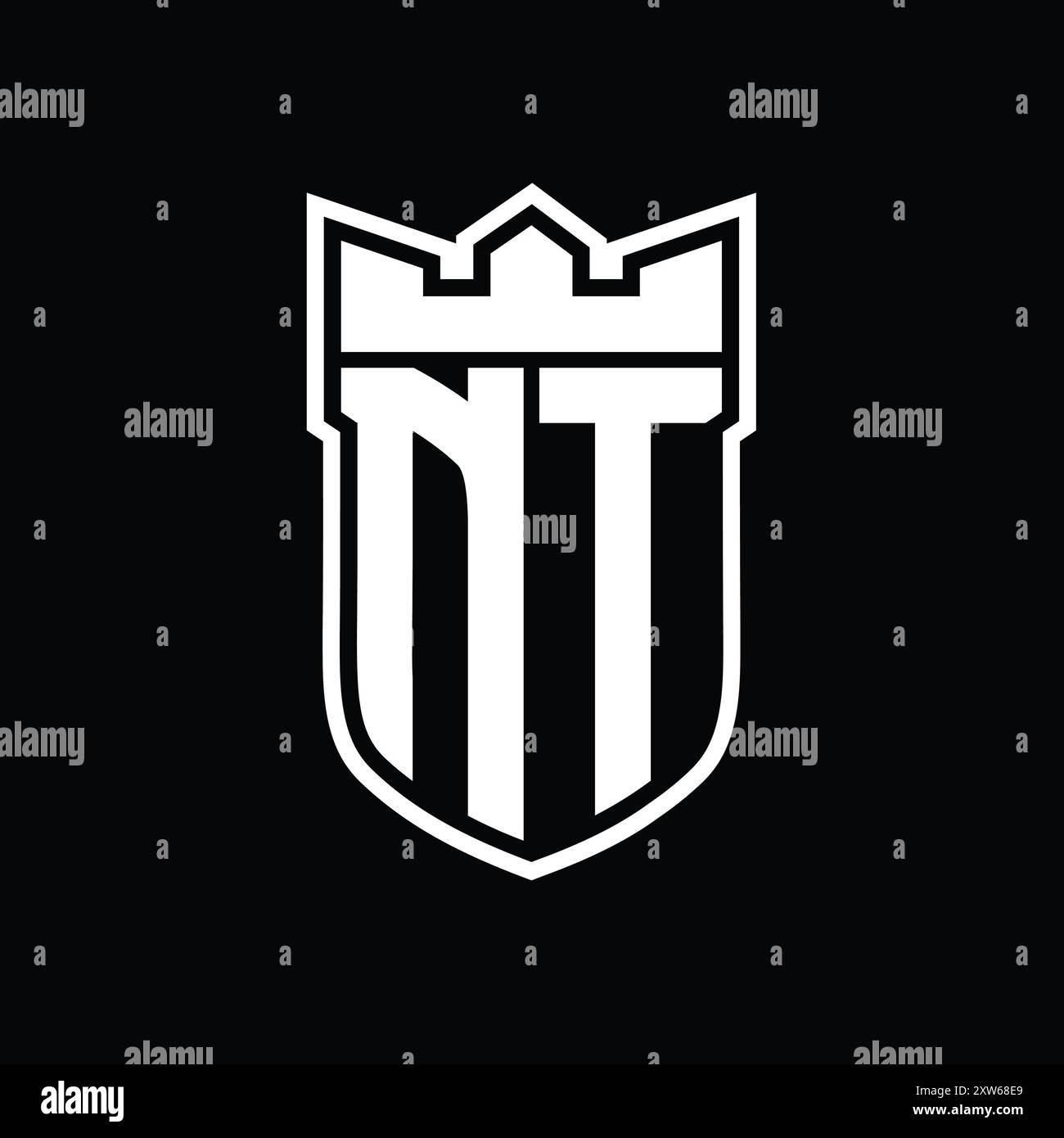 NT Letter logo with shield shape with geometric crown inside white ...