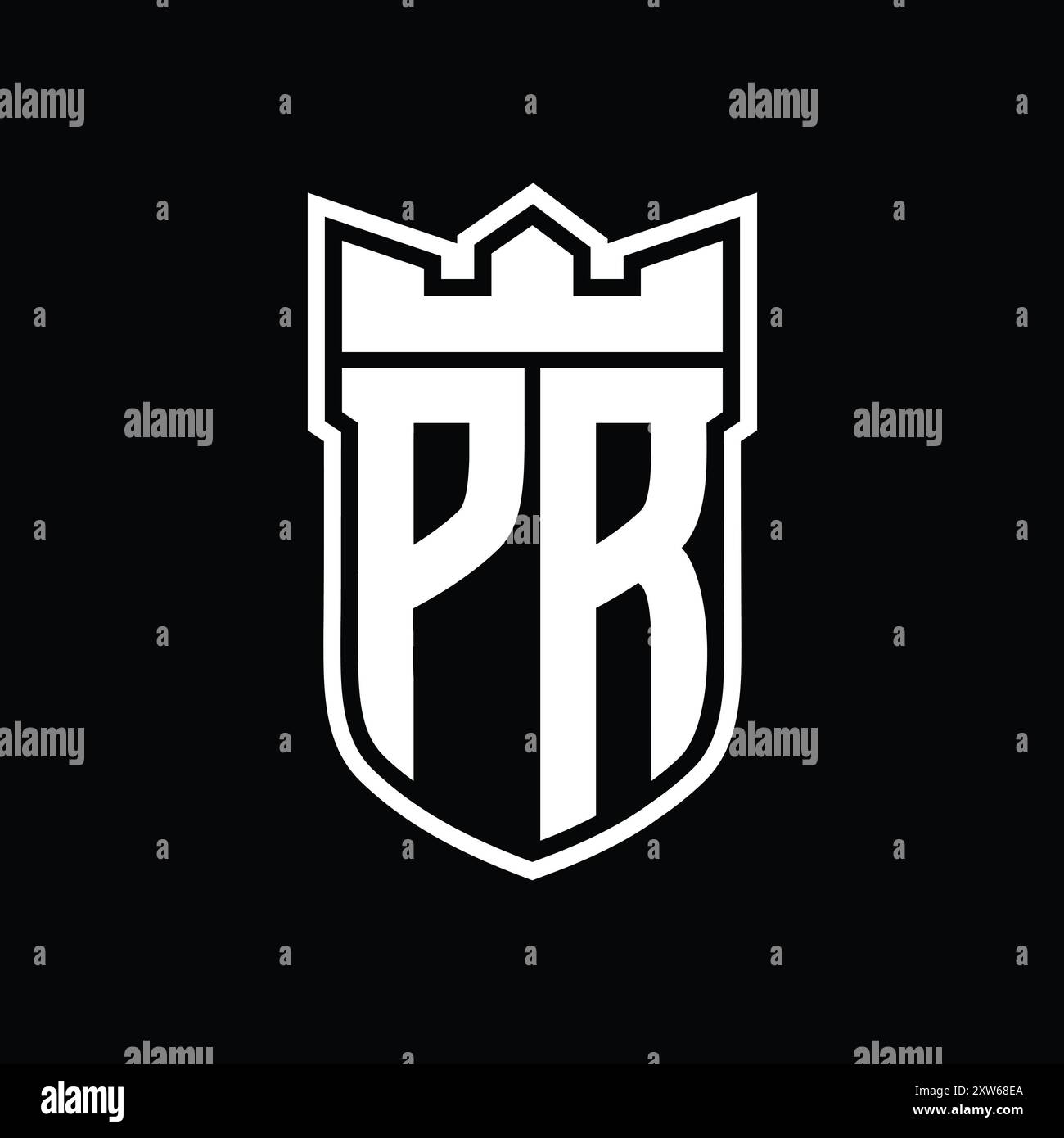PR Letter logo with shield shape with geometric crown inside white outline on black background ...