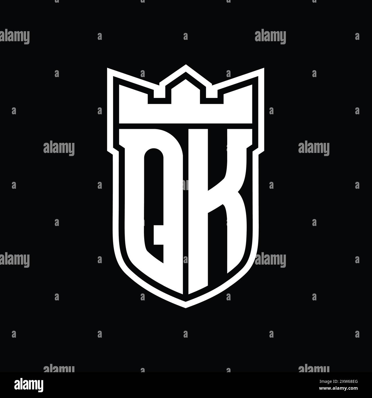 QK Letter logo with shield shape with geometric crown inside white ...