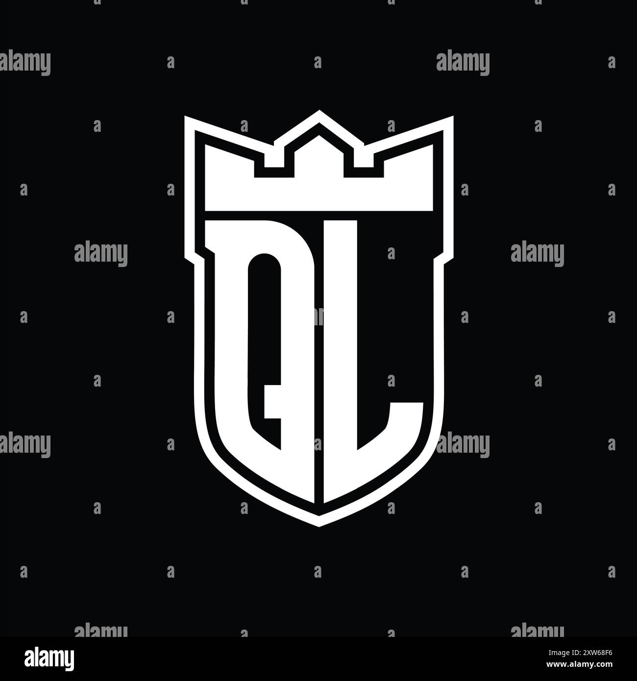 QL Letter logo with shield shape with geometric crown inside white ...