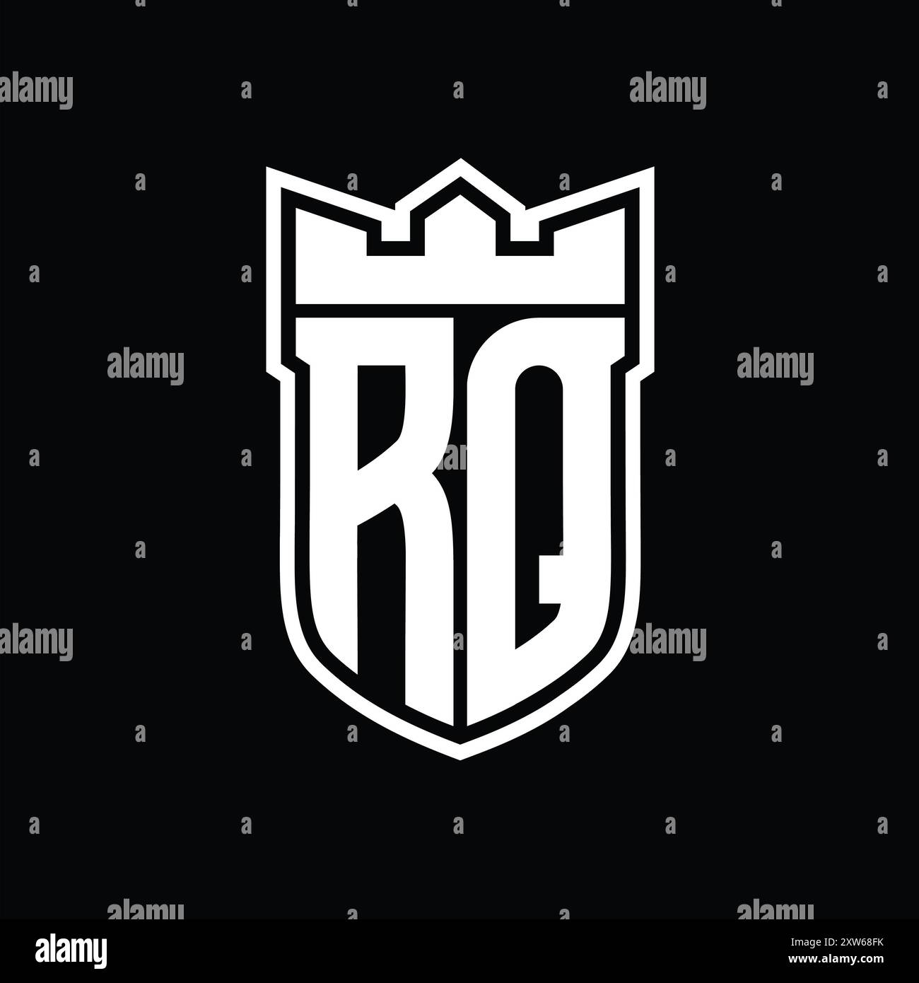 RQ Letter logo with shield shape with geometric crown inside white ...