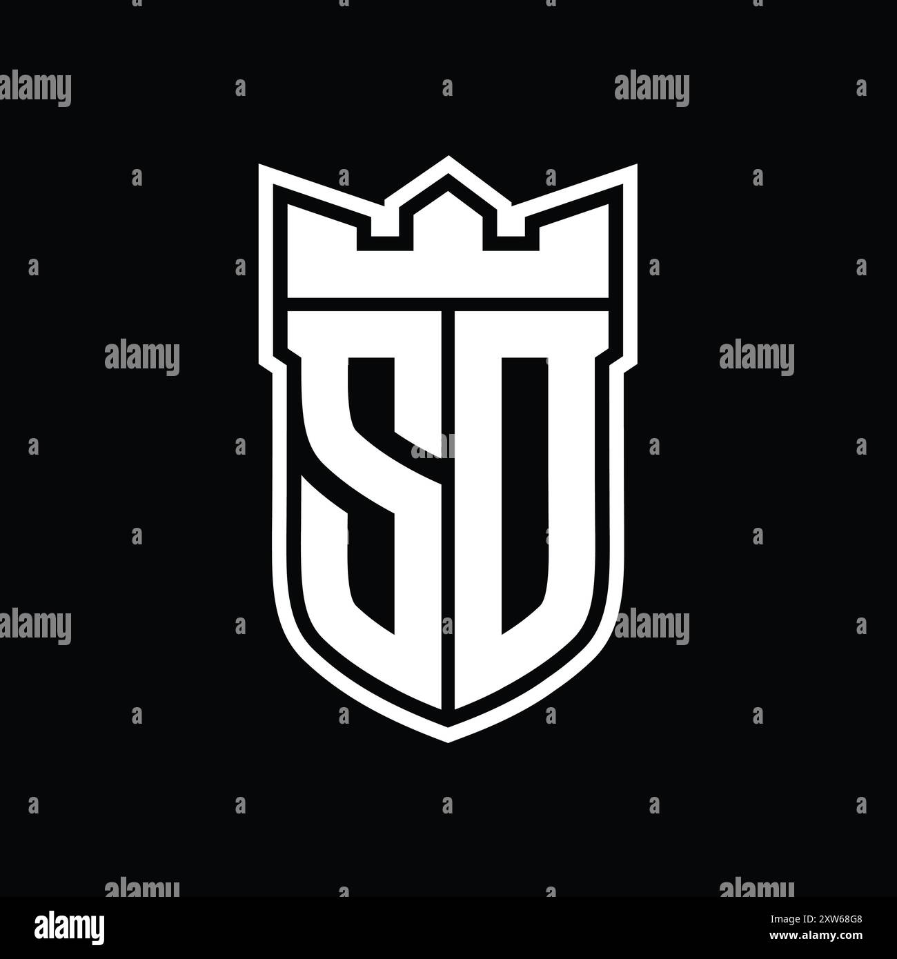 SD Letter logo with shield shape with geometric crown inside white ...
