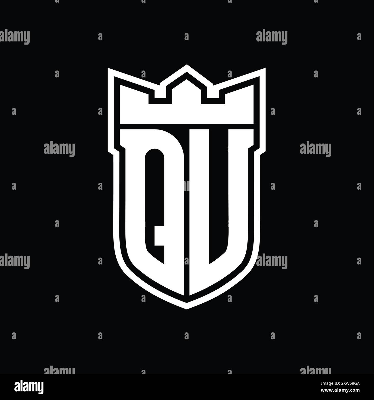 QU Letter logo with shield shape with geometric crown inside white ...