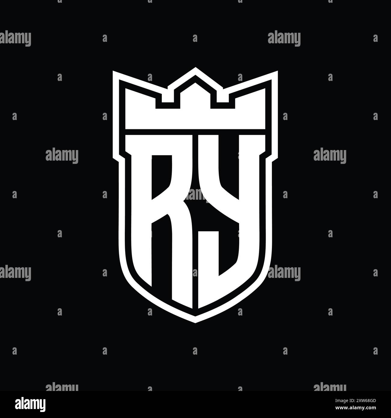 RY Letter logo with shield shape with geometric crown inside white ...