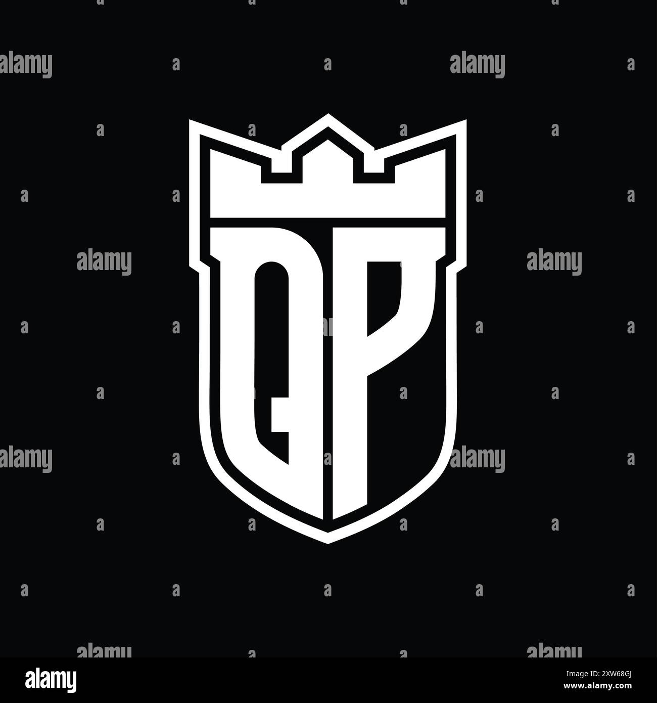 QP Letter logo with shield shape with geometric crown inside white ...