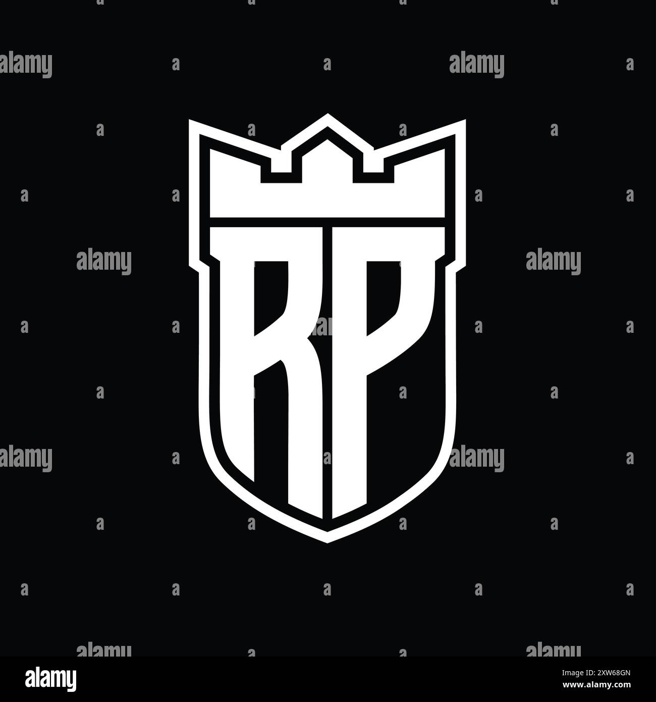 RP Letter logo with shield shape with geometric crown inside white outline on black background ...