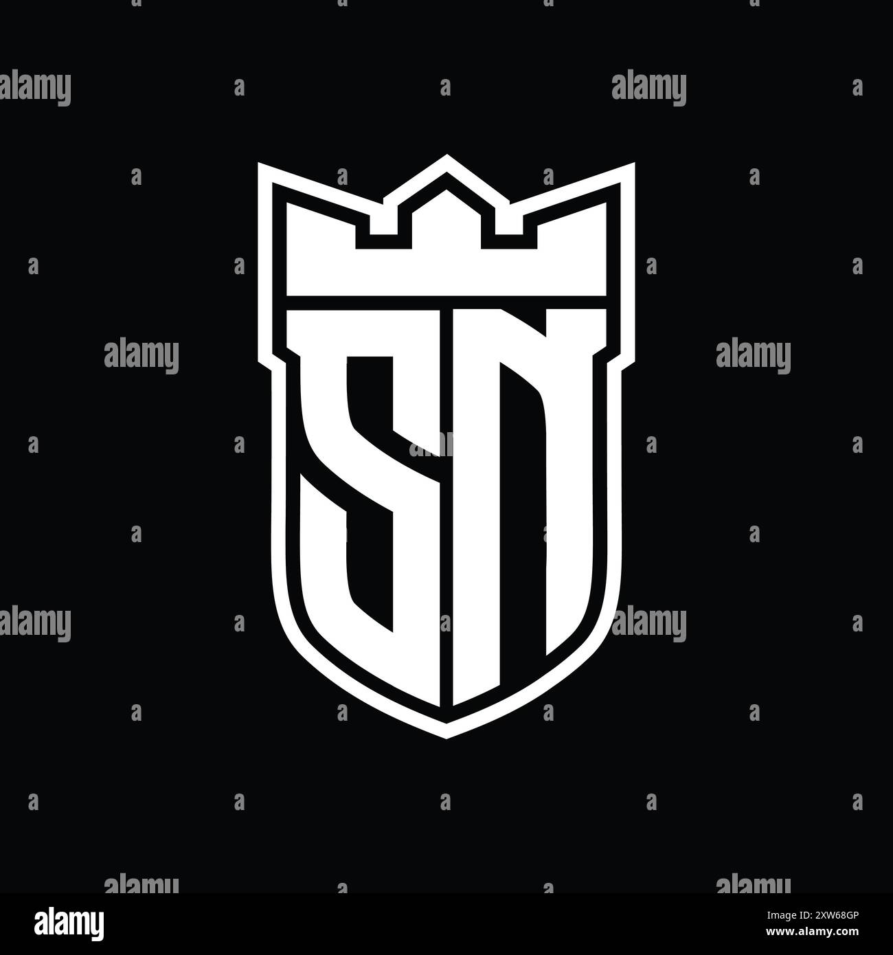 SN Letter logo with shield shape with geometric crown inside white ...