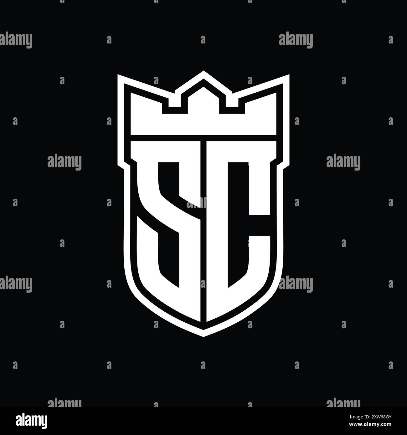 SC Letter logo with shield shape with geometric crown inside white ...