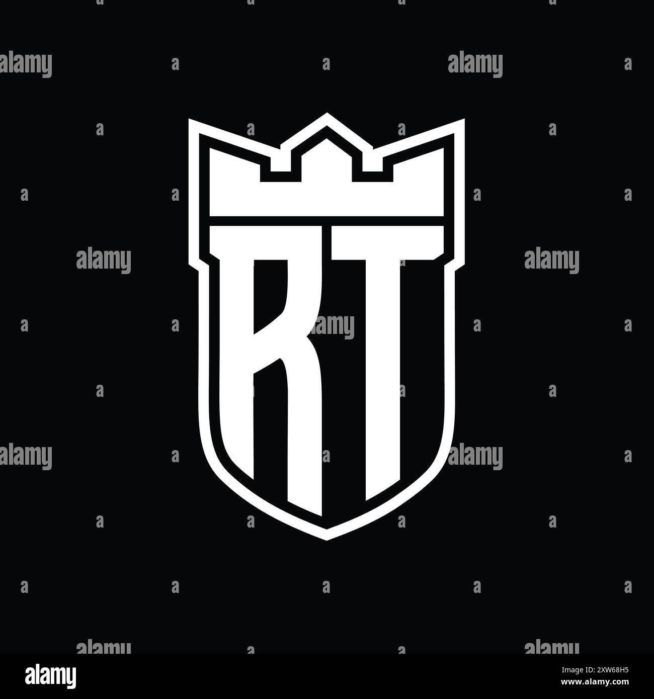 RT Letter logo with shield shape with geometric crown inside white ...