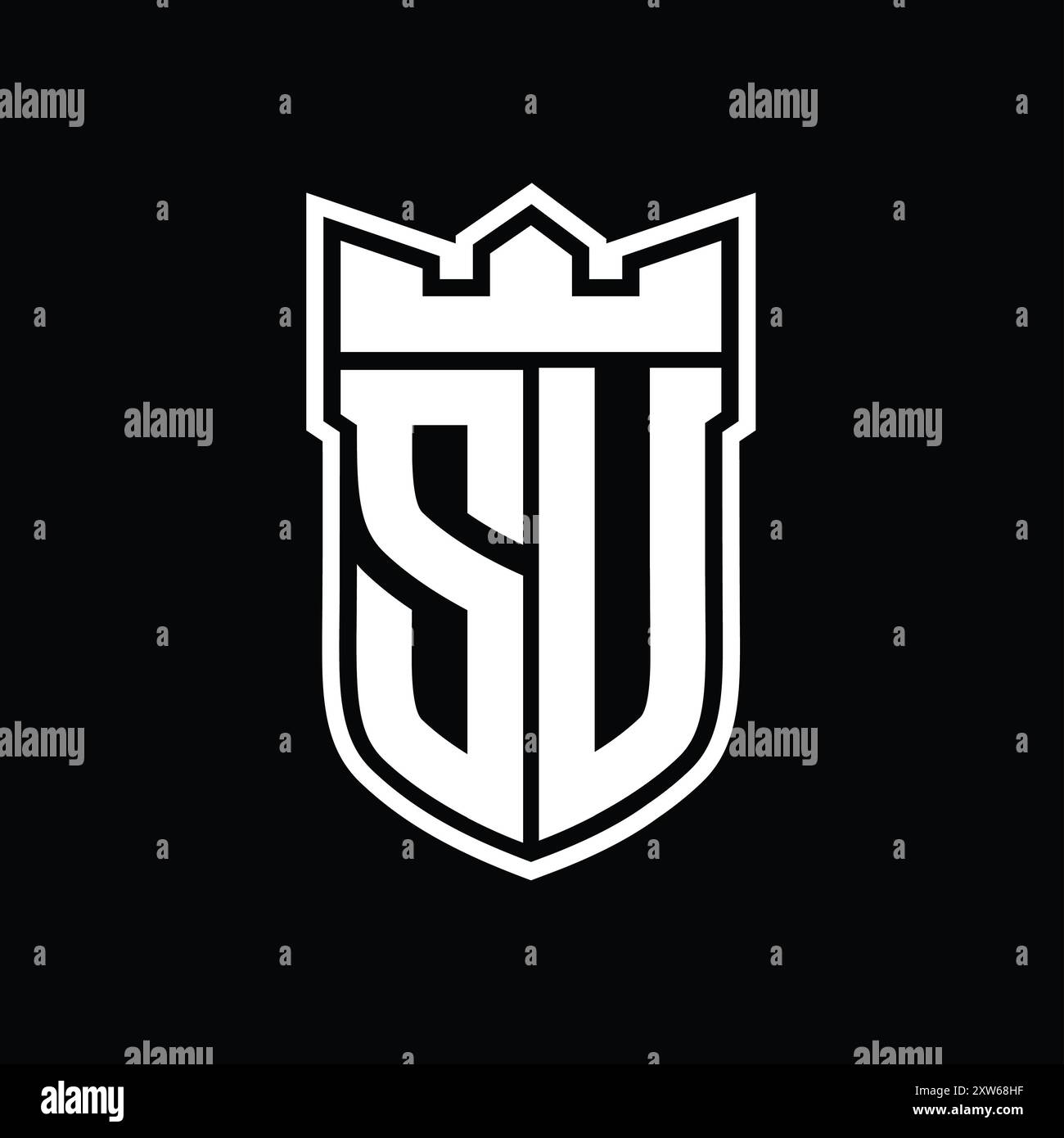 SU Letter logo with shield shape with geometric crown inside white ...