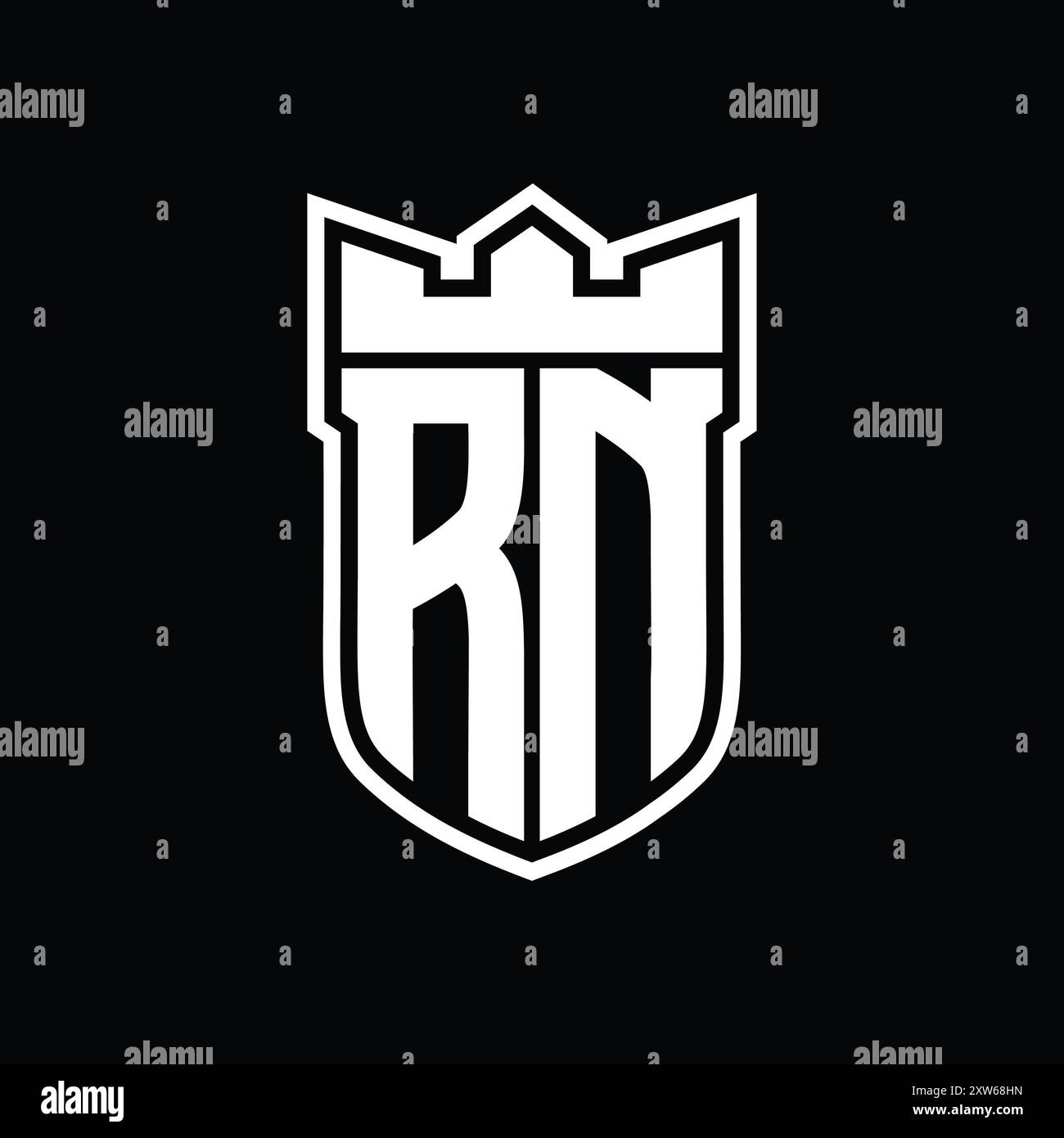 RN Letter logo with shield shape with geometric crown inside white ...