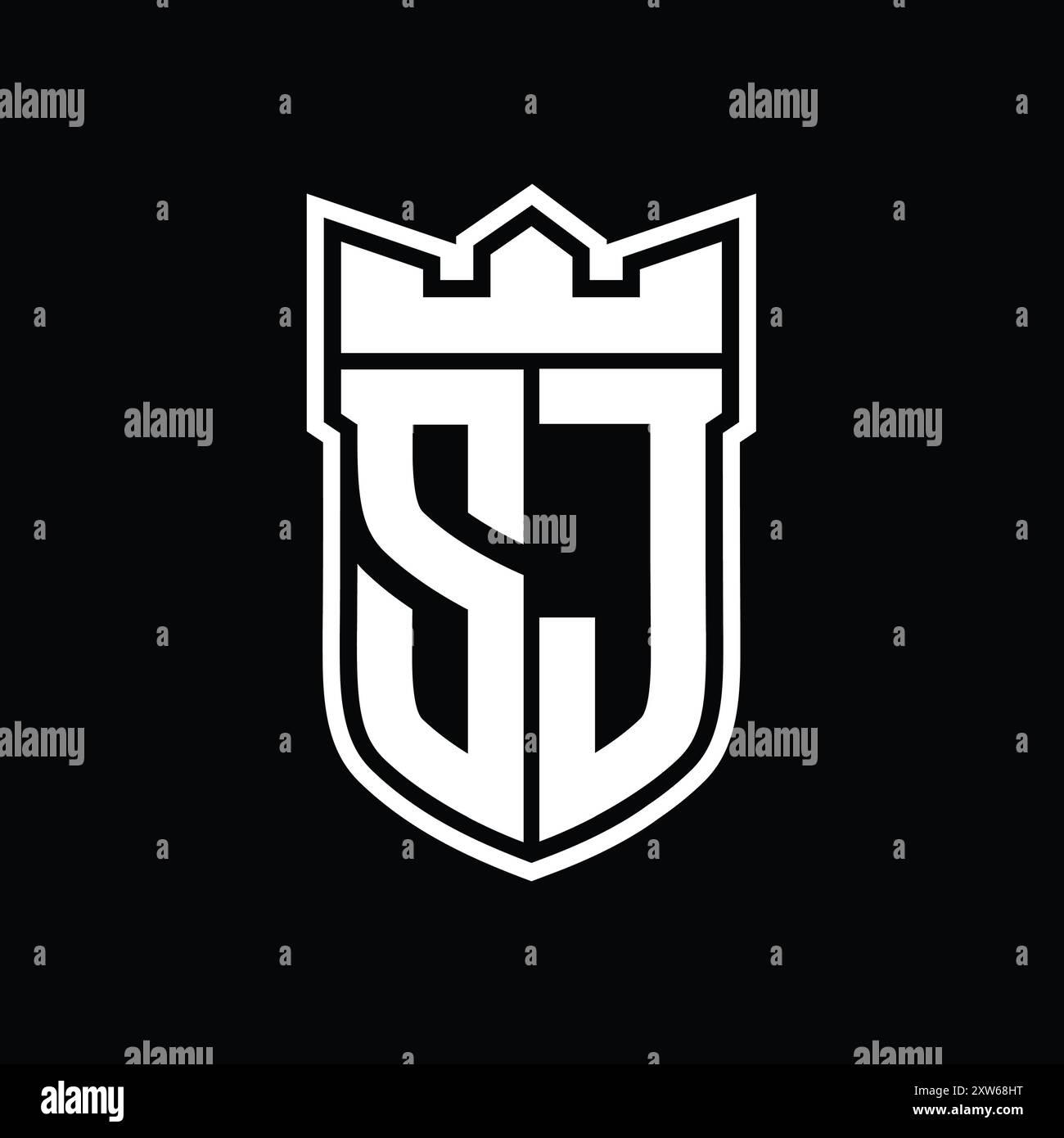 SJ Letter logo with shield shape with geometric crown inside white ...