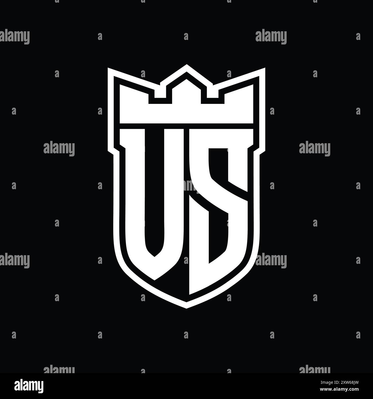 VS Letter logo with shield shape with geometric crown inside white ...