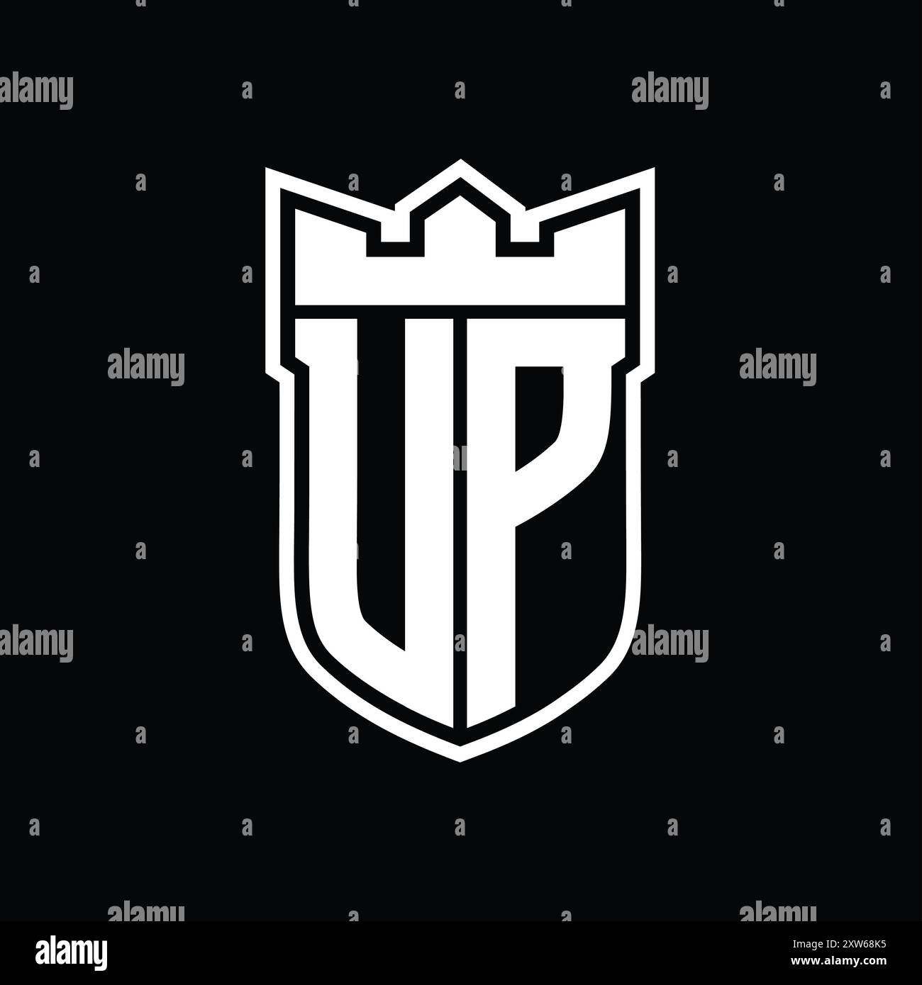 UP Letter logo with shield shape with geometric crown inside white ...