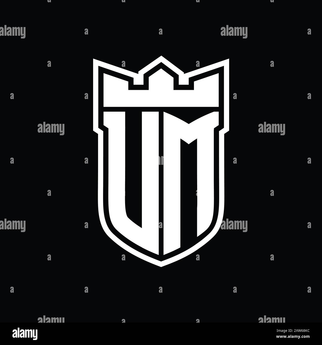 UM Letter logo with shield shape with geometric crown inside white ...