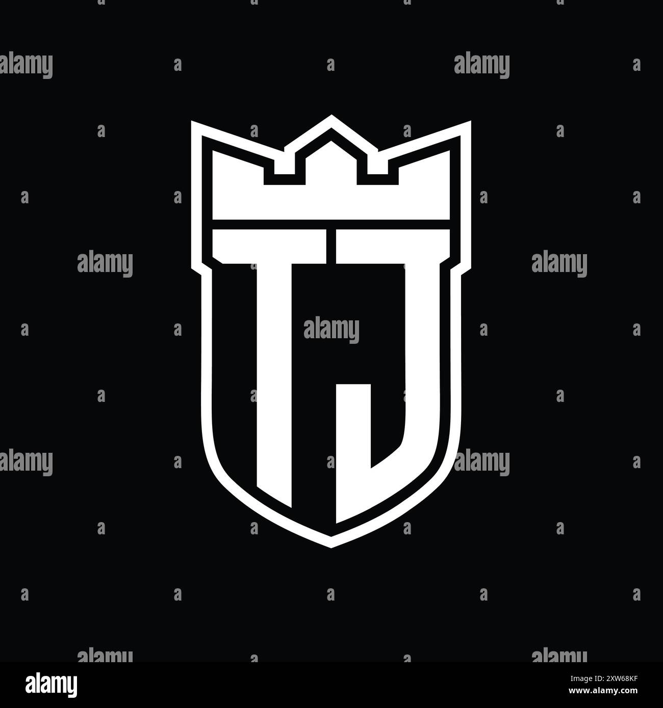 TJ Letter logo with shield shape with geometric crown inside white outline on black background ...