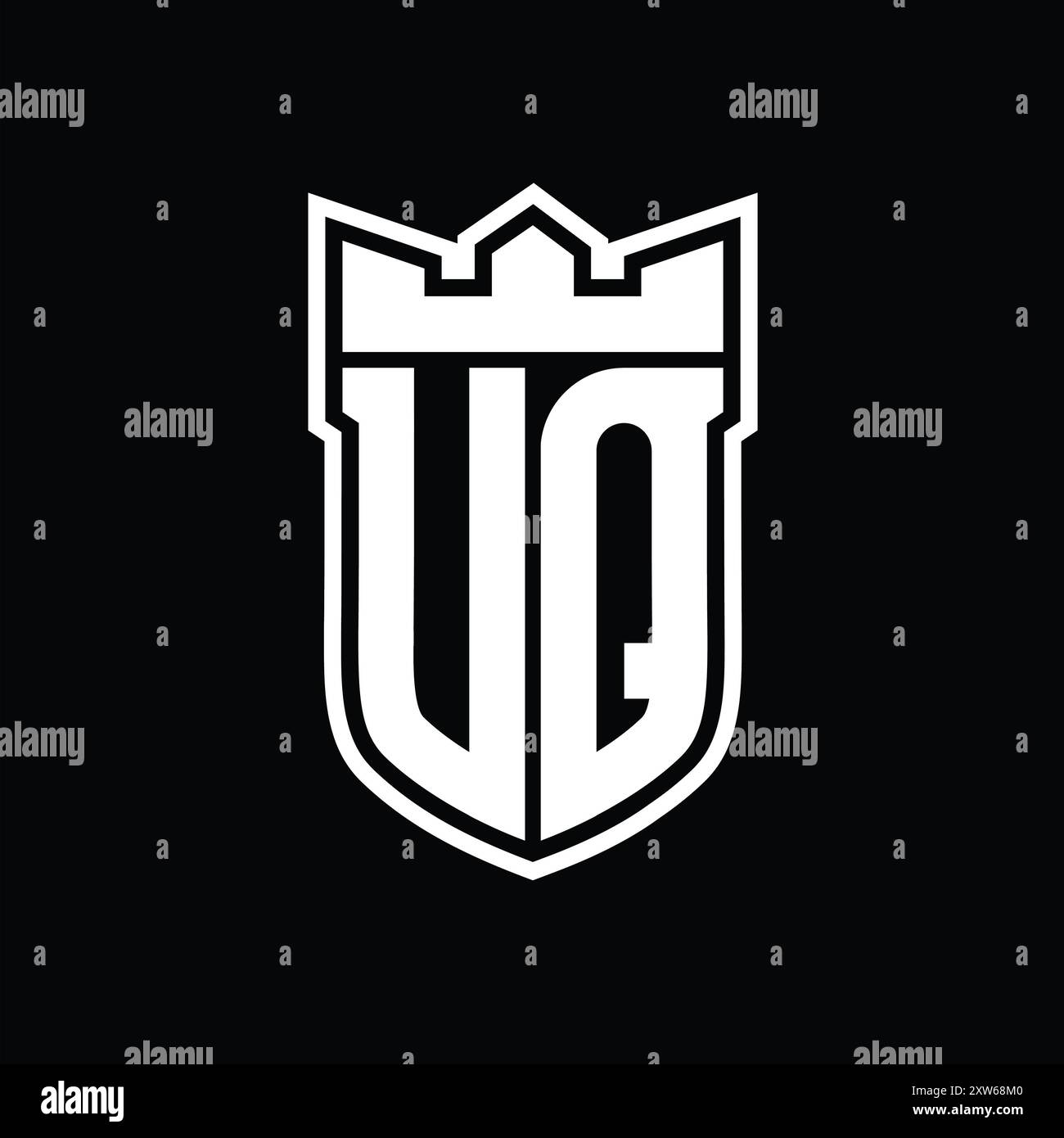UQ Letter logo with shield shape with geometric crown inside white ...