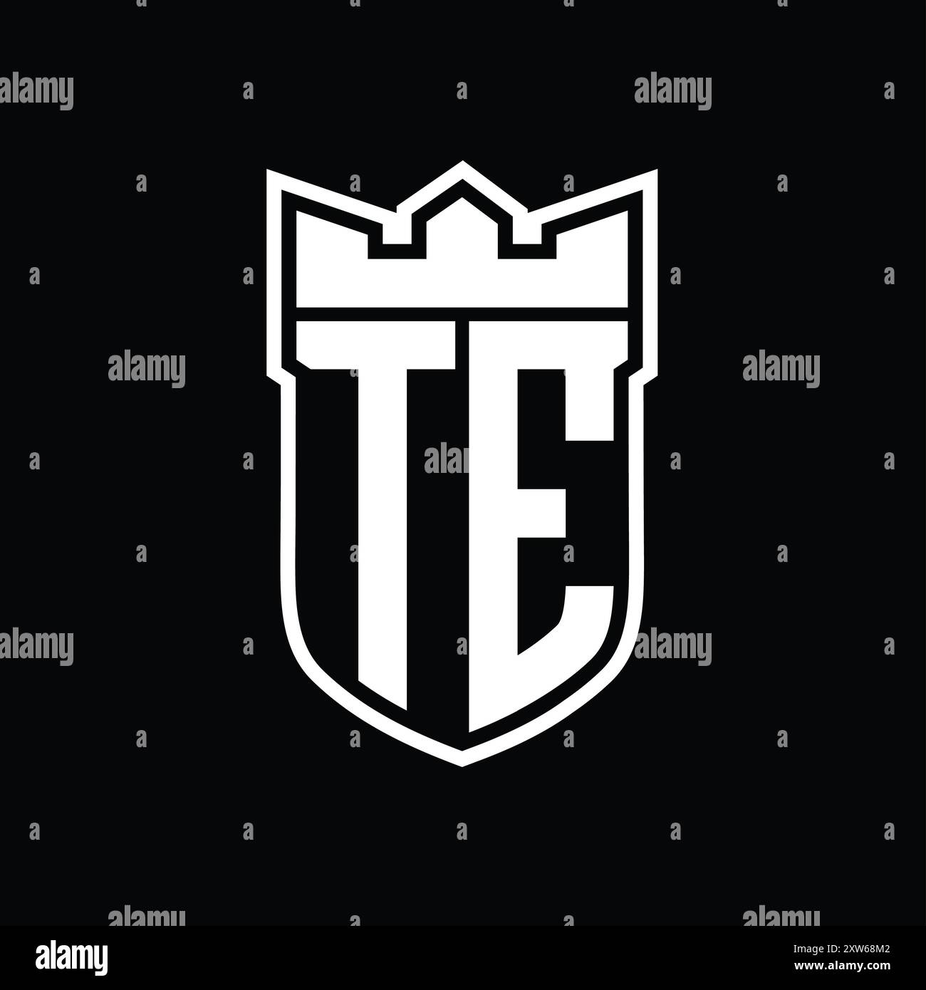 TE Letter logo with shield shape with geometric crown inside white ...