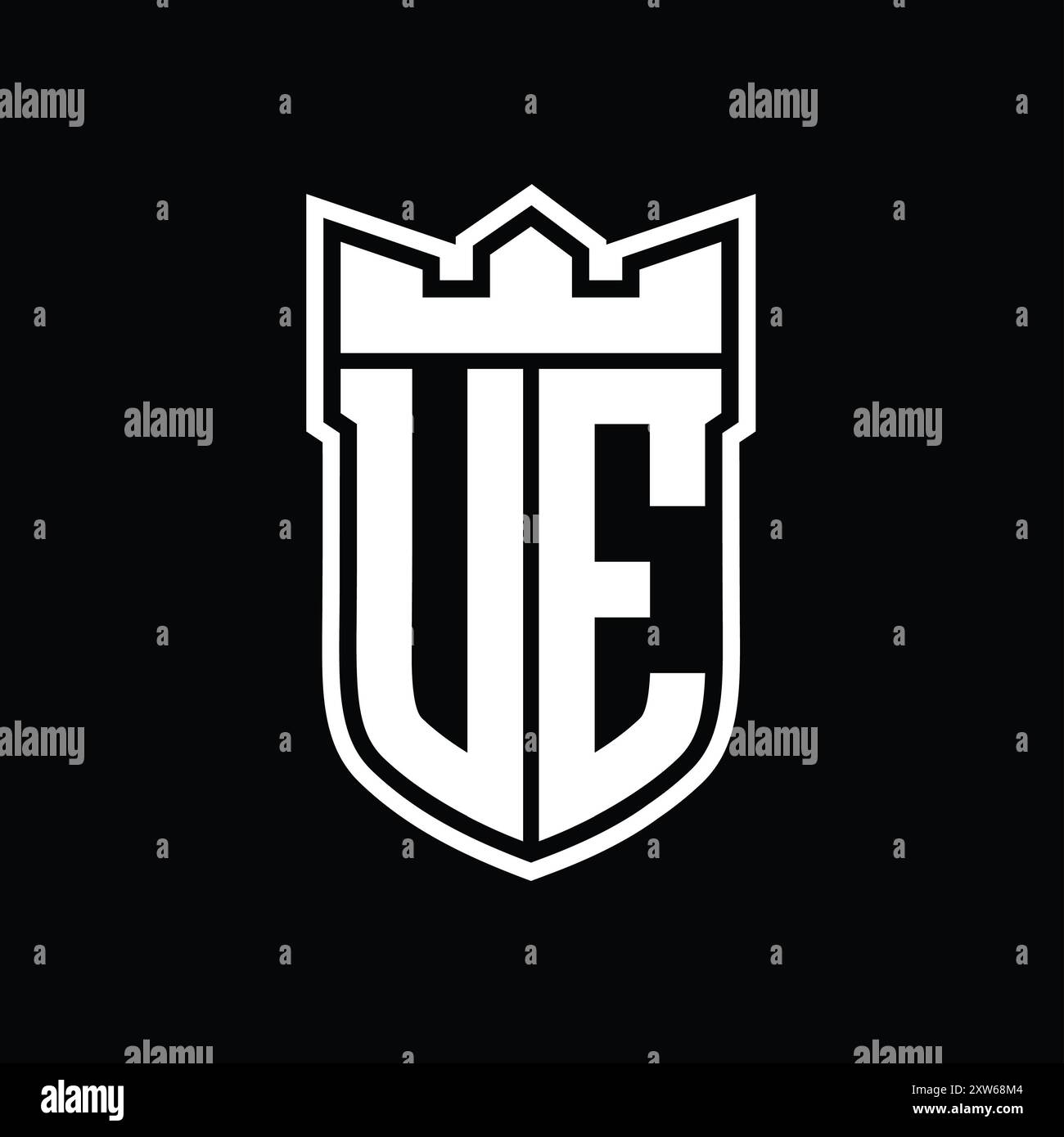 UE Letter logo with shield shape with geometric crown inside white ...