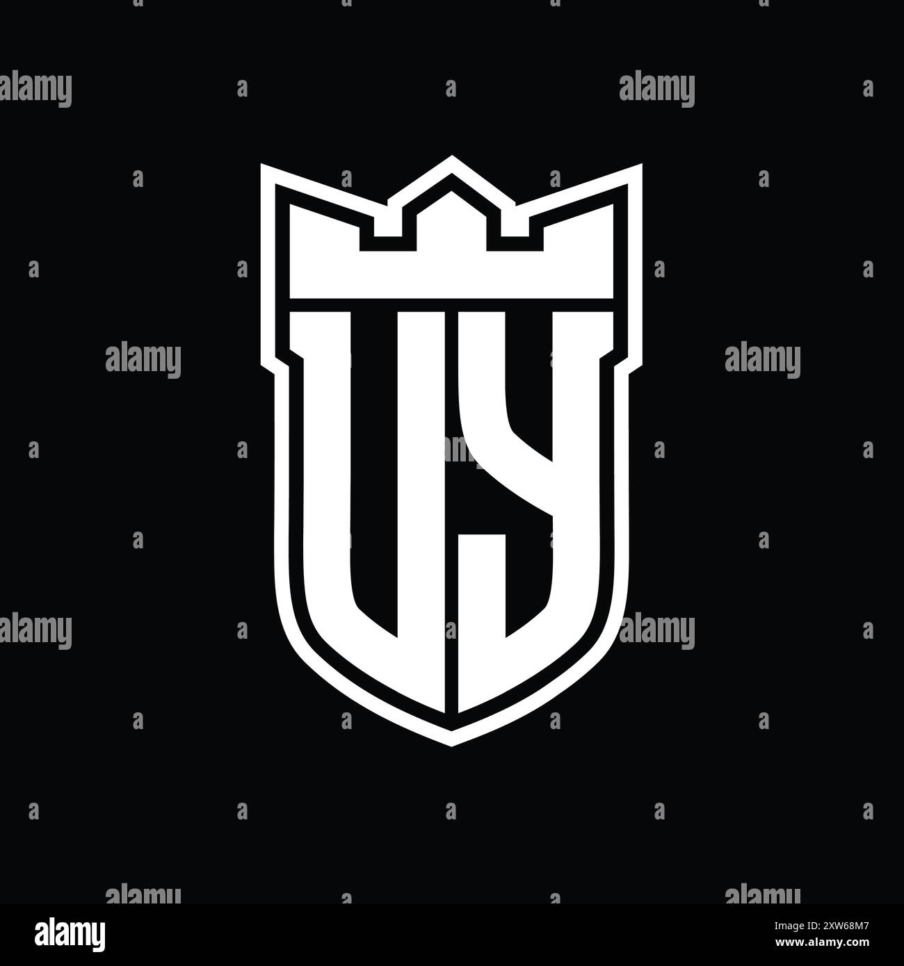 UY Letter logo with shield shape with geometric crown inside white ...