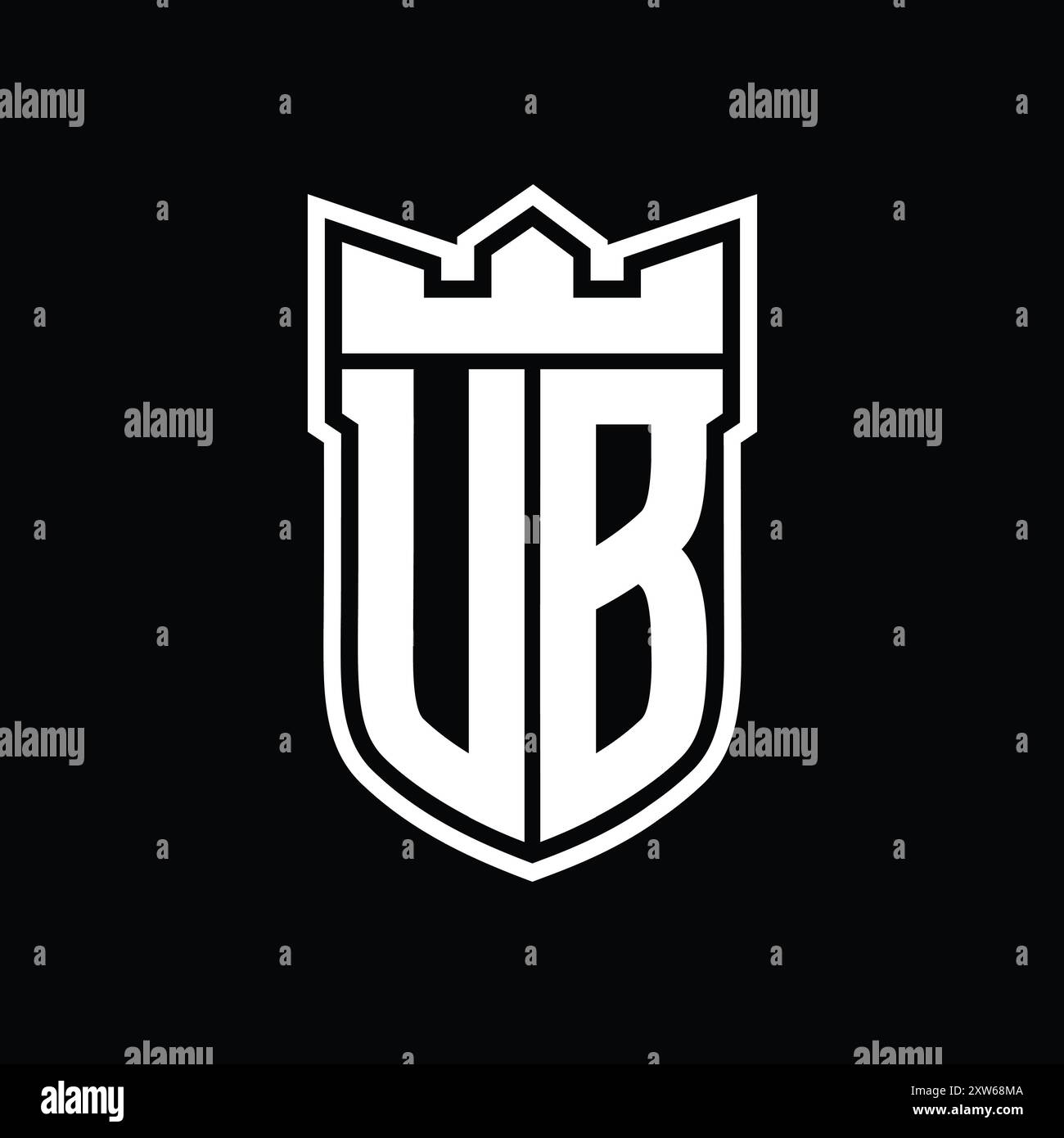UB Letter logo with shield shape with geometric crown inside white outline on black background ...