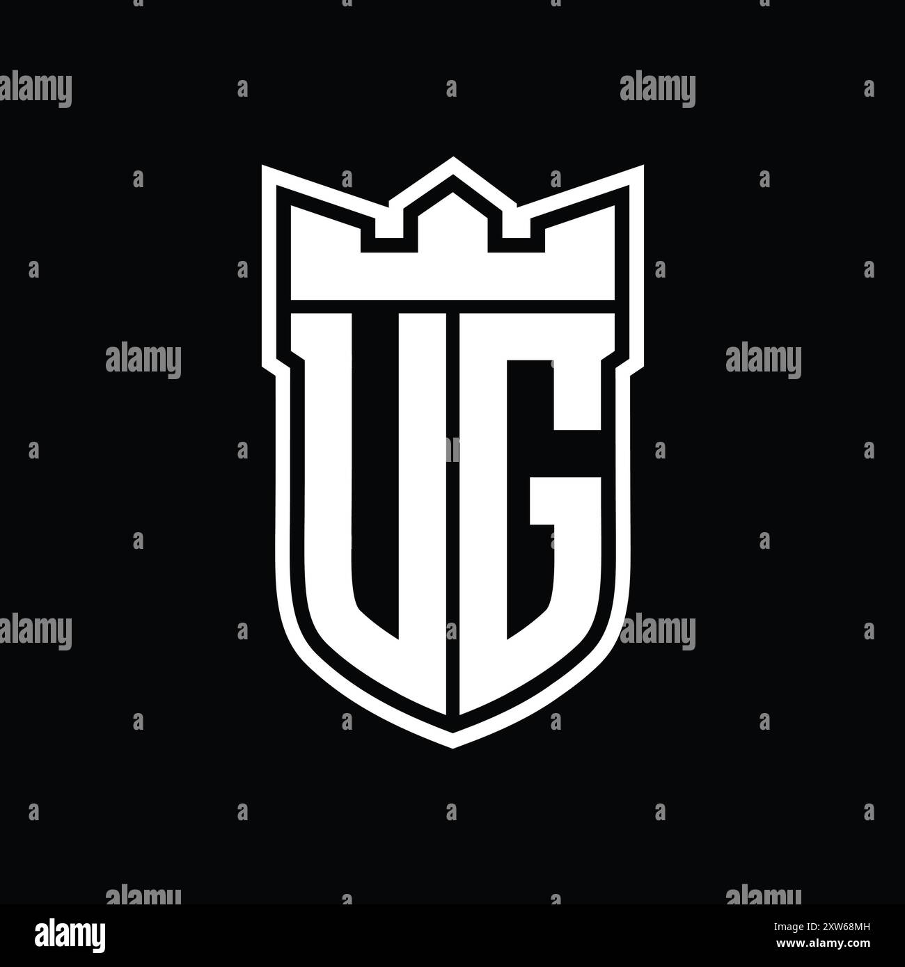 UG Letter logo with shield shape with geometric crown inside white ...