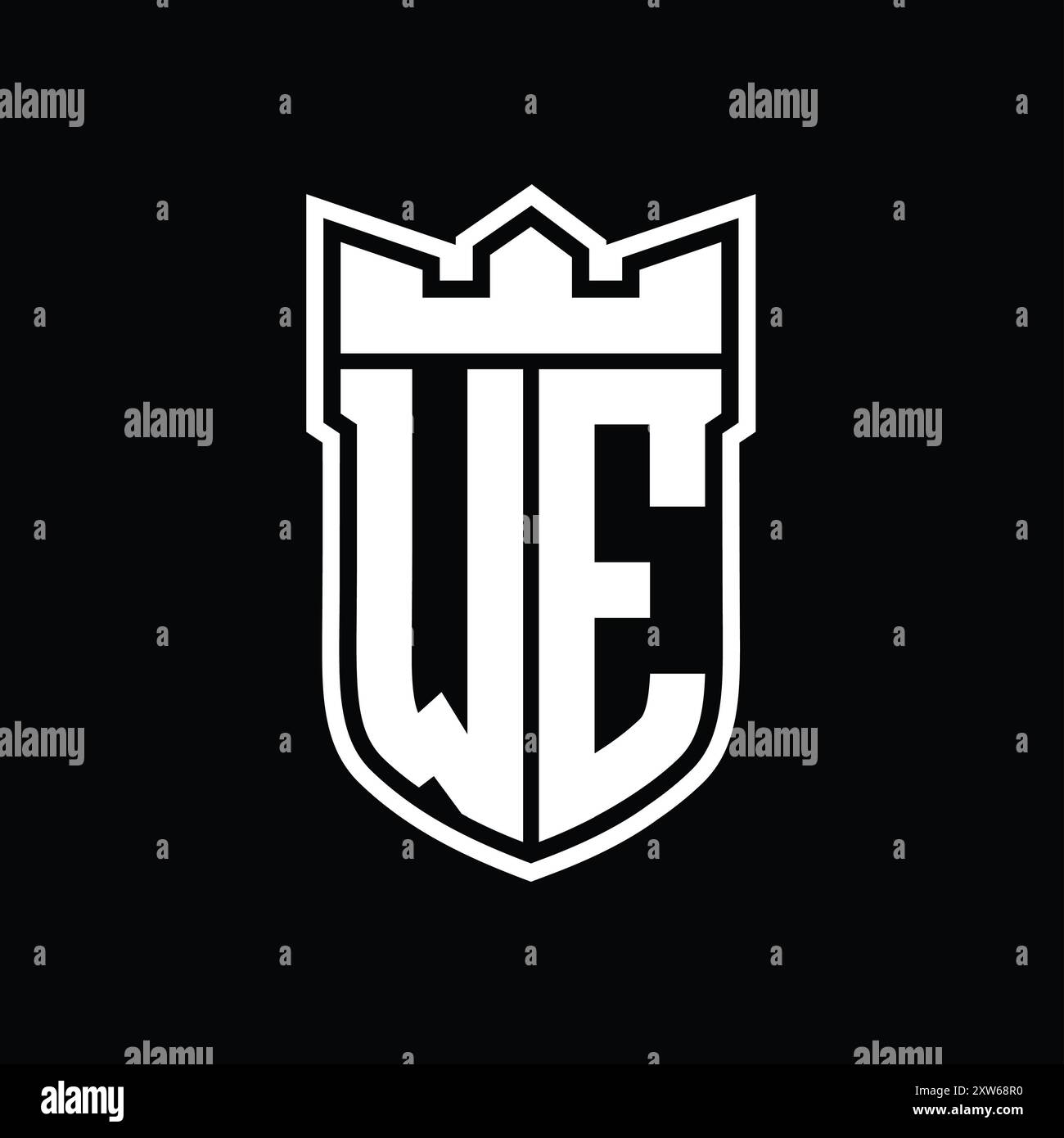WE Letter logo with shield shape with geometric crown inside white ...