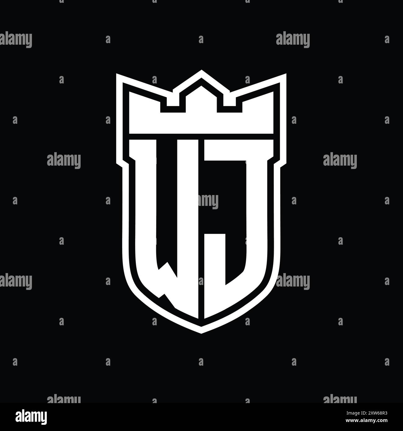 WJ Letter logo with shield shape with geometric crown inside white ...