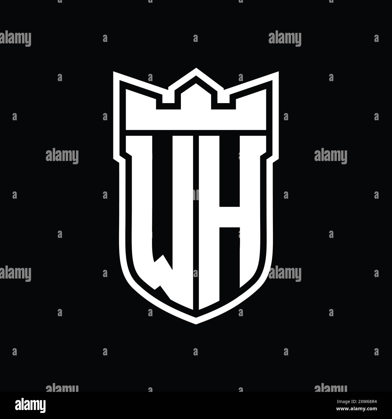 WH Letter logo with shield shape with geometric crown inside white ...
