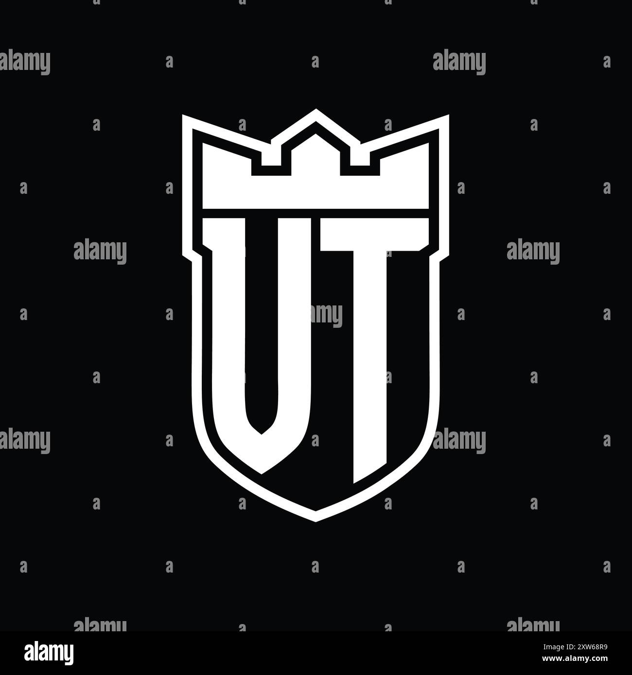 VT Letter logo with shield shape with geometric crown inside white ...