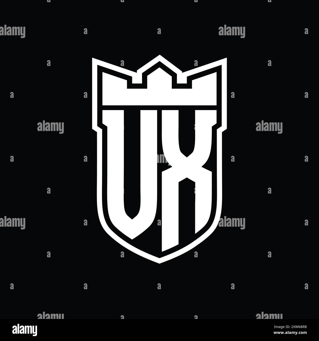 VX Letter logo with shield shape with geometric crown inside white ...