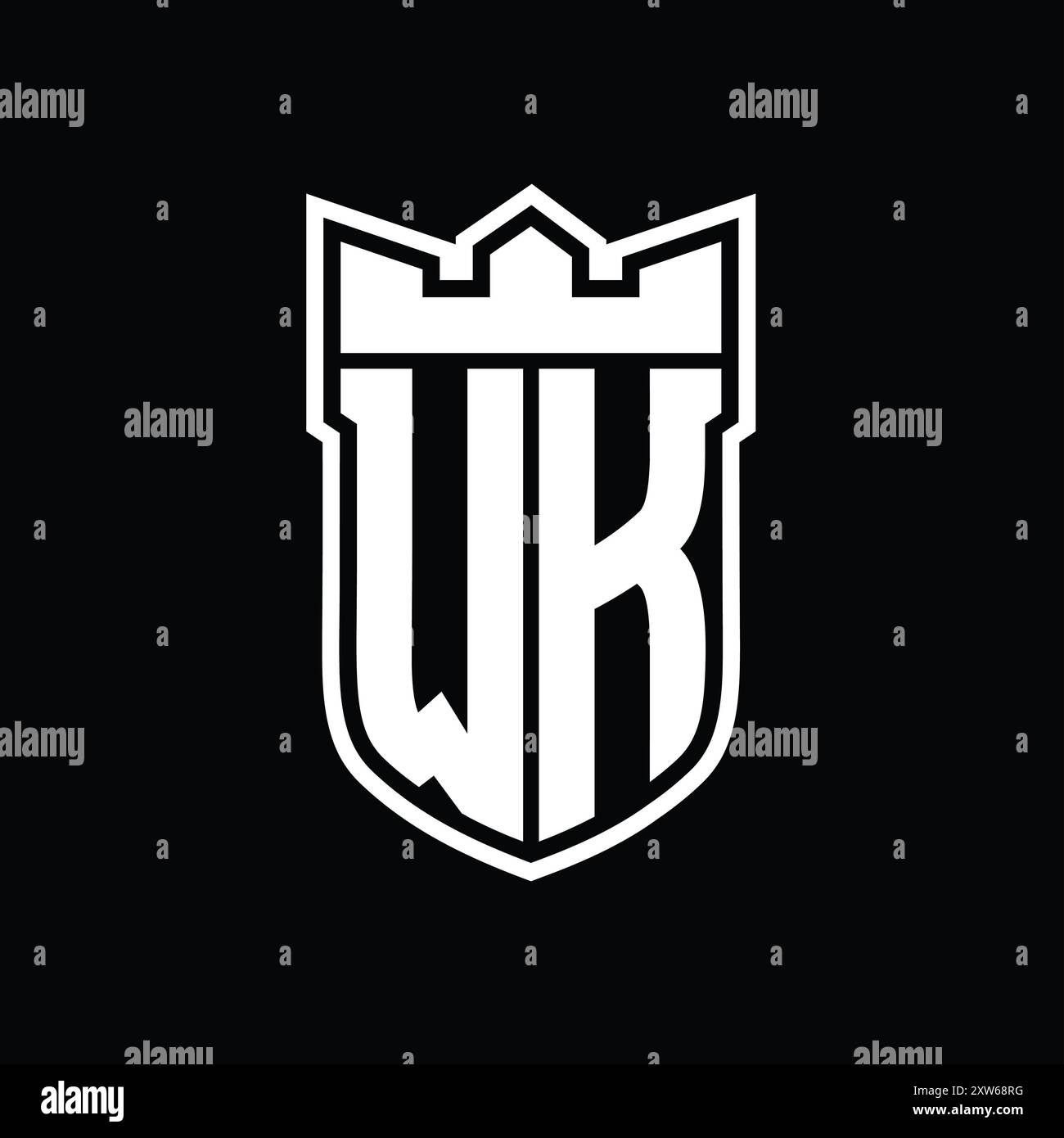 WK Letter logo with shield shape with geometric crown inside white ...