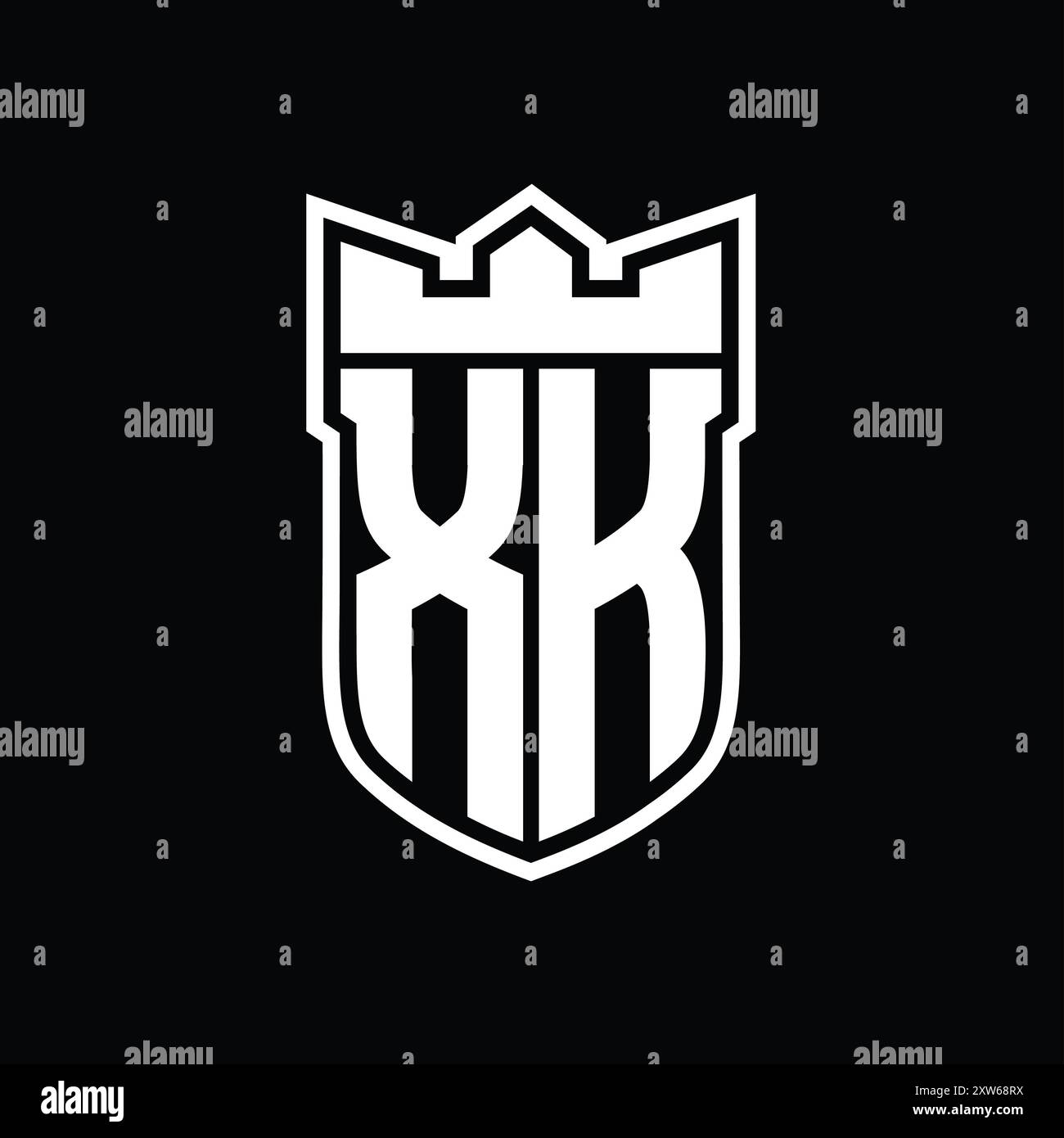 XK Letter logo with shield shape with geometric crown inside white ...