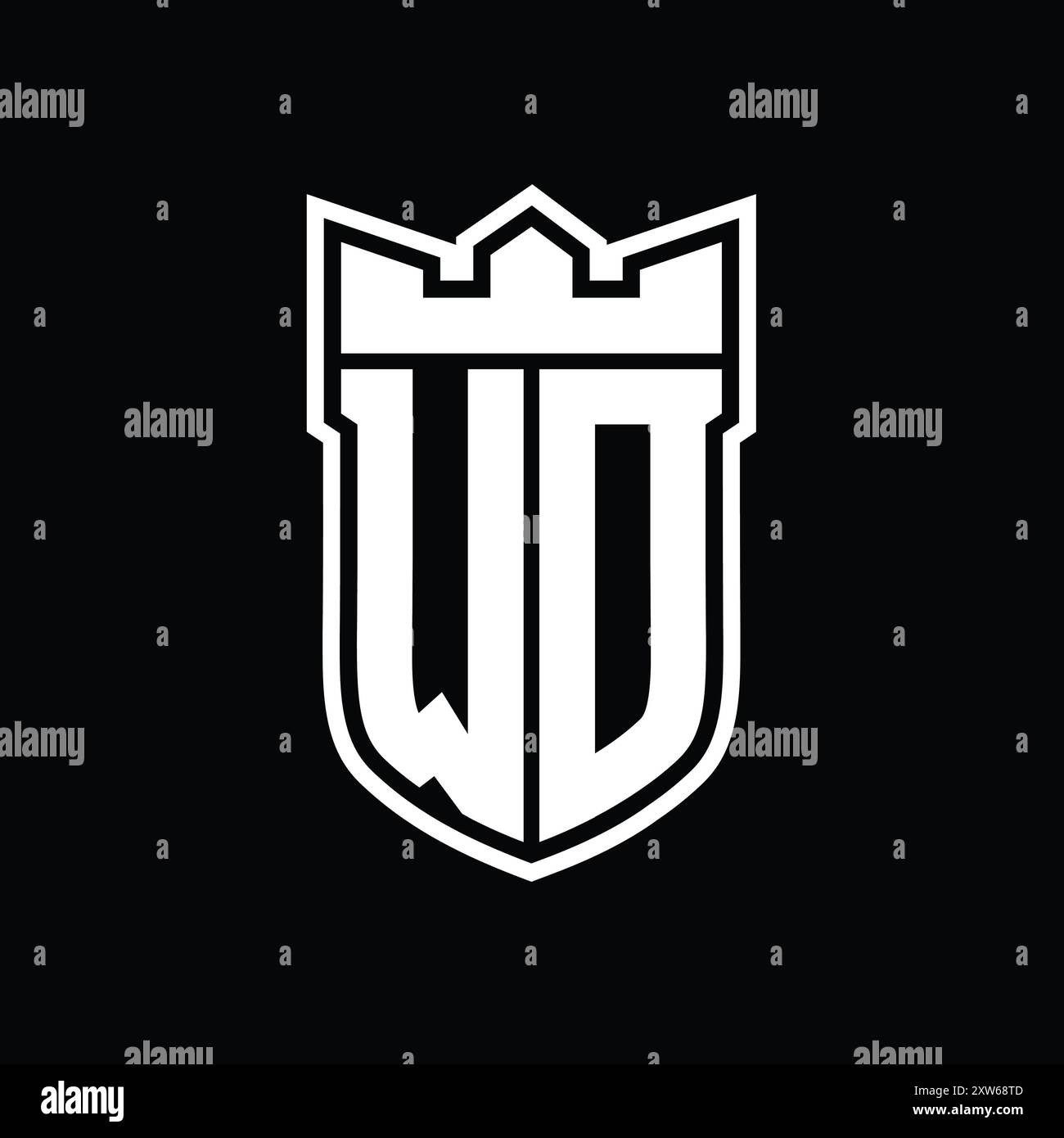 WD Letter logo with shield shape with geometric crown inside white ...