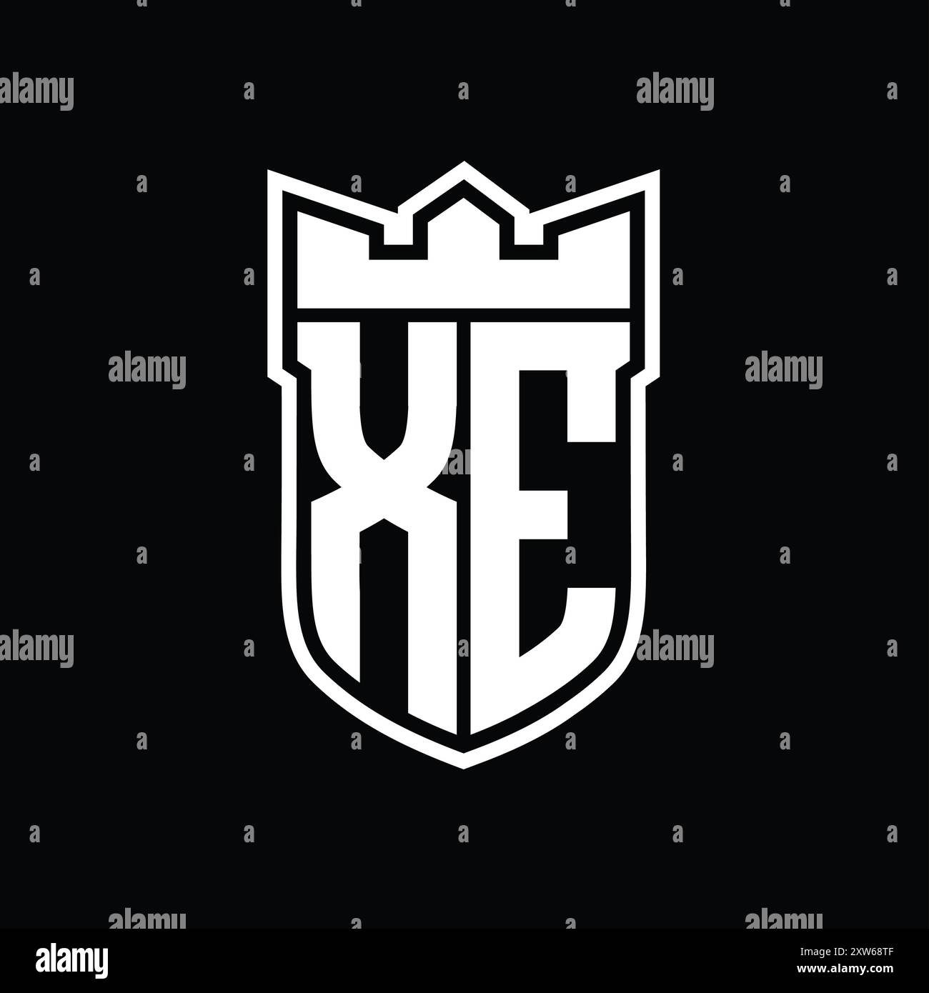 XE Letter logo with shield shape with geometric crown inside white ...