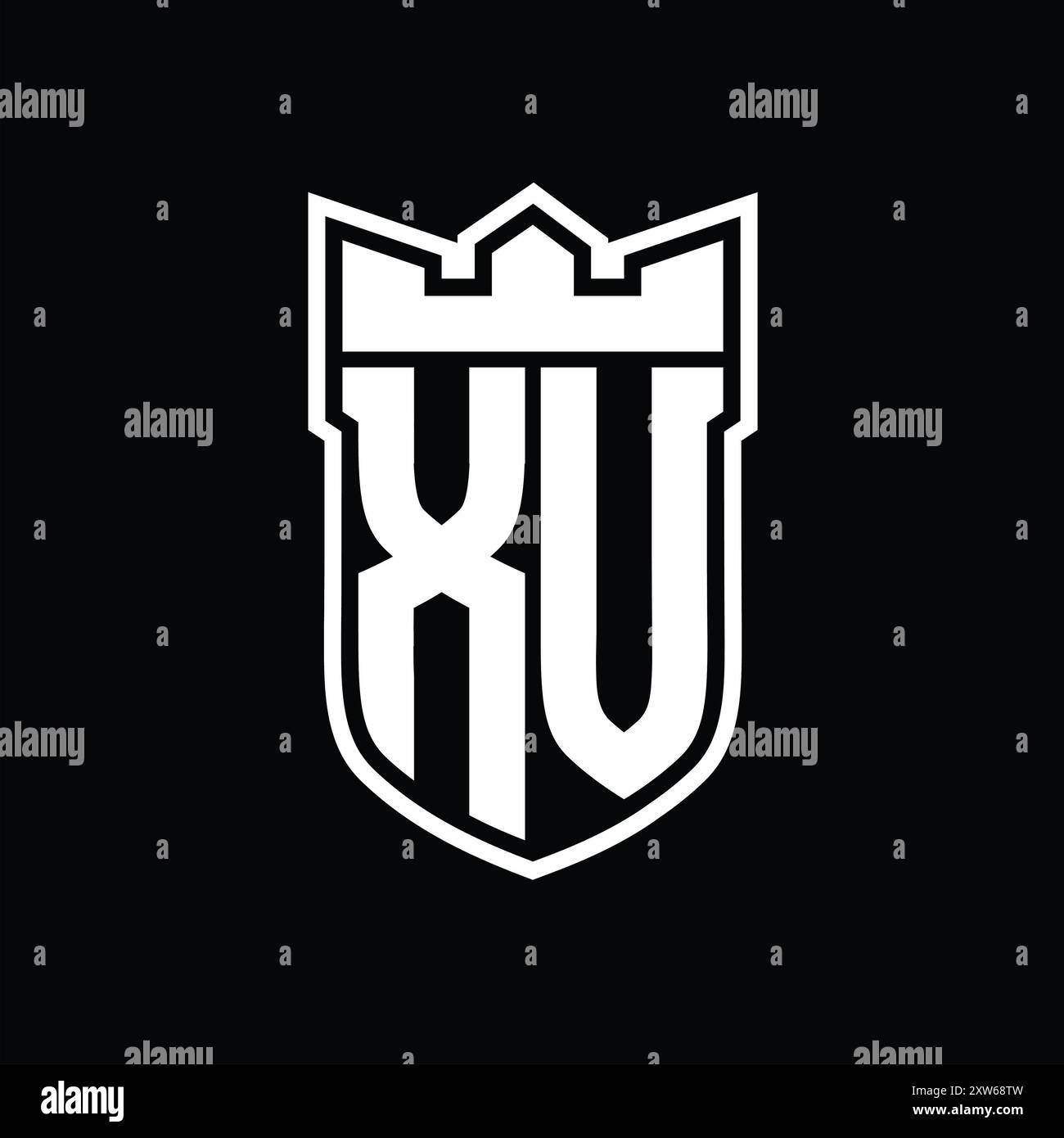XV Letter logo with shield shape with geometric crown inside white ...
