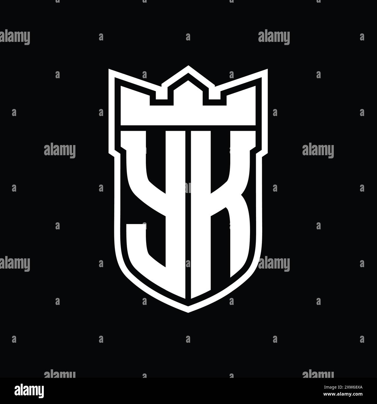 YK Letter logo with shield shape with geometric crown inside white outline on black background ...