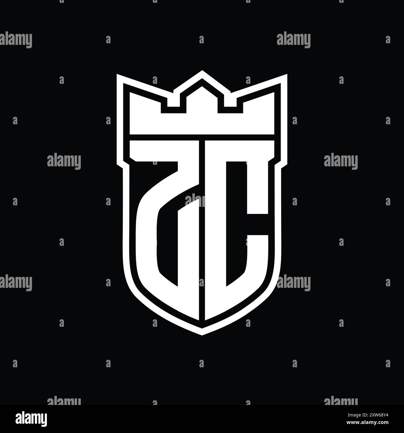 ZC Letter logo with shield shape with geometric crown inside white outline on black background ...